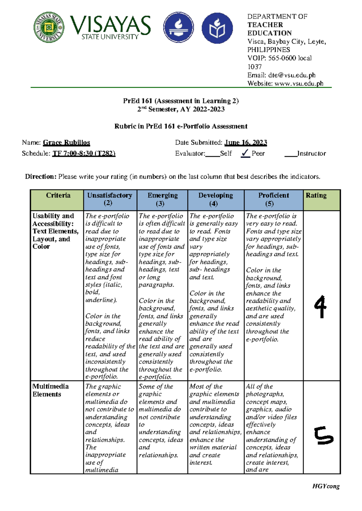 PrEd 161 Final Exam: Peer Evaluator Rubric for e-Portfolio Assessment ...