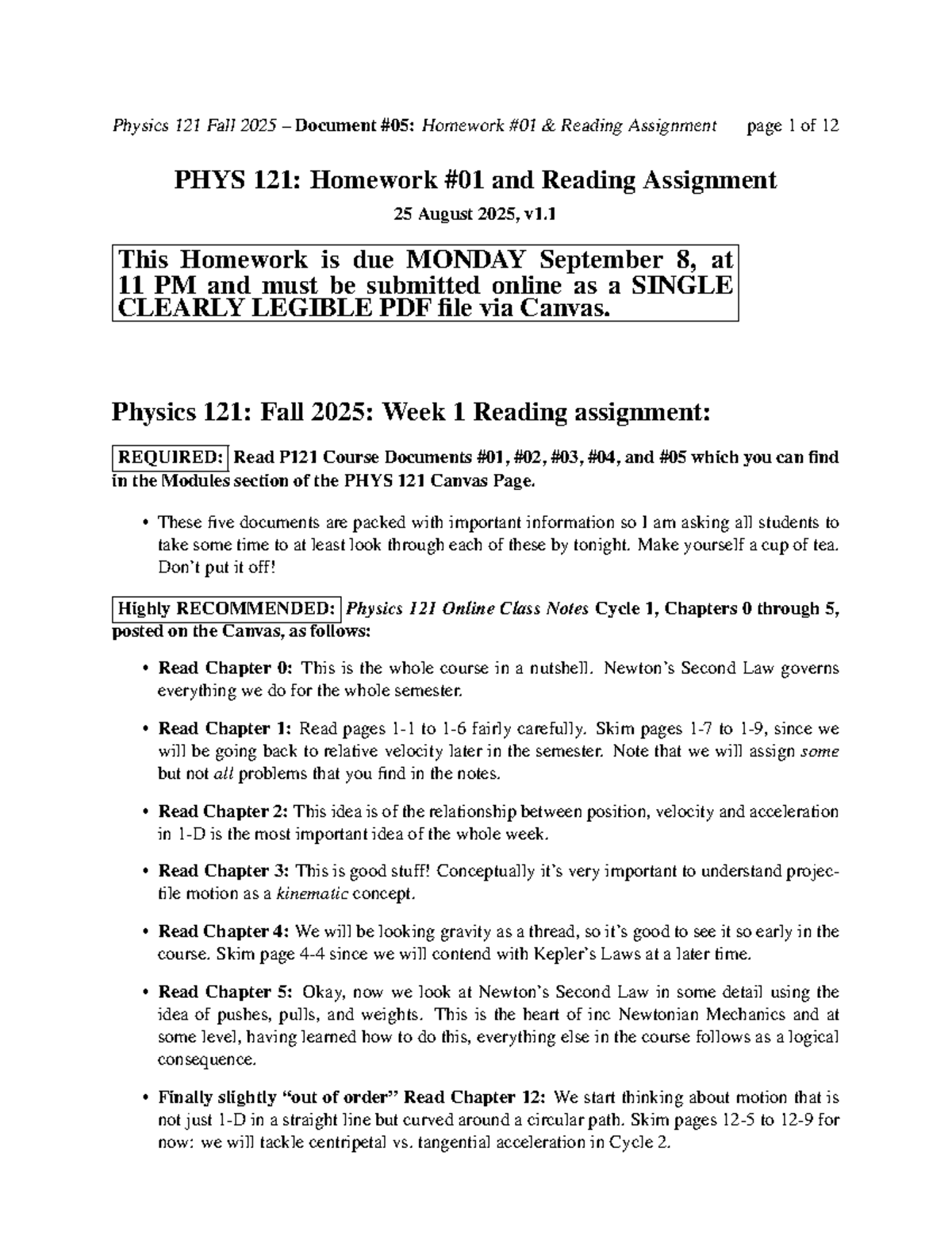 PHYS 121 Fall 2025: Homework & Reading Assignment Overview - Studocu