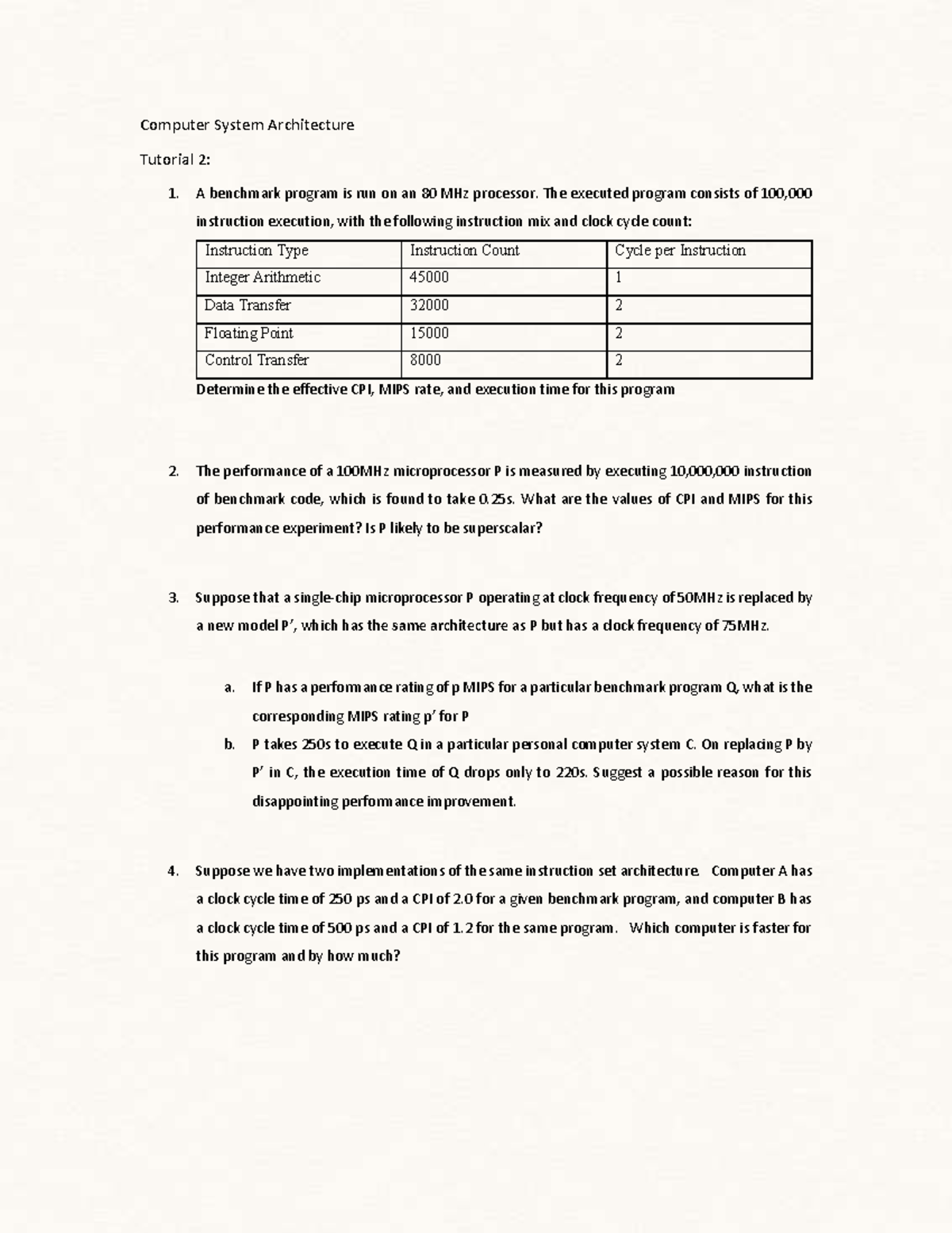 Computer System Architecture Tutorial 2: Performance Analysis and MIPS - Studocu