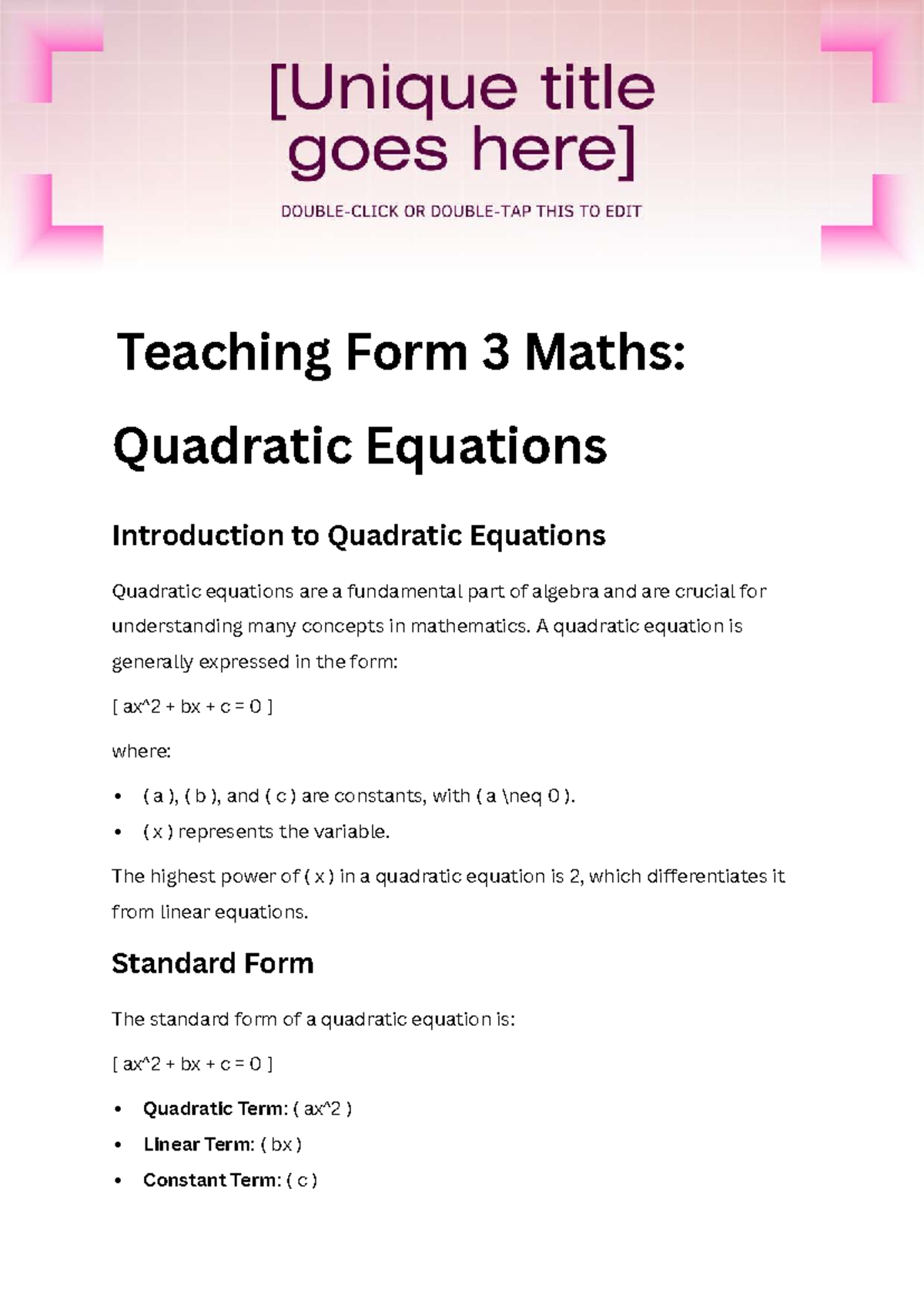 Form 3 Maths: Understanding Types & Solutions of Quadratic Equations ...