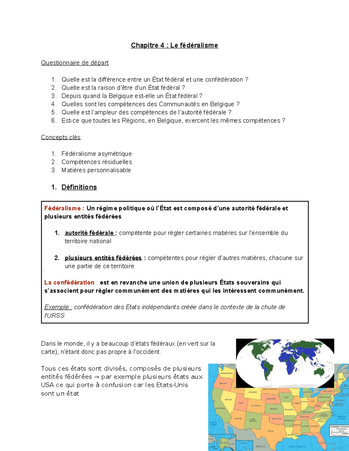 Chapitre 4 : Le Fédéralisme - Questionnaire et Concepts Clés - Studocu