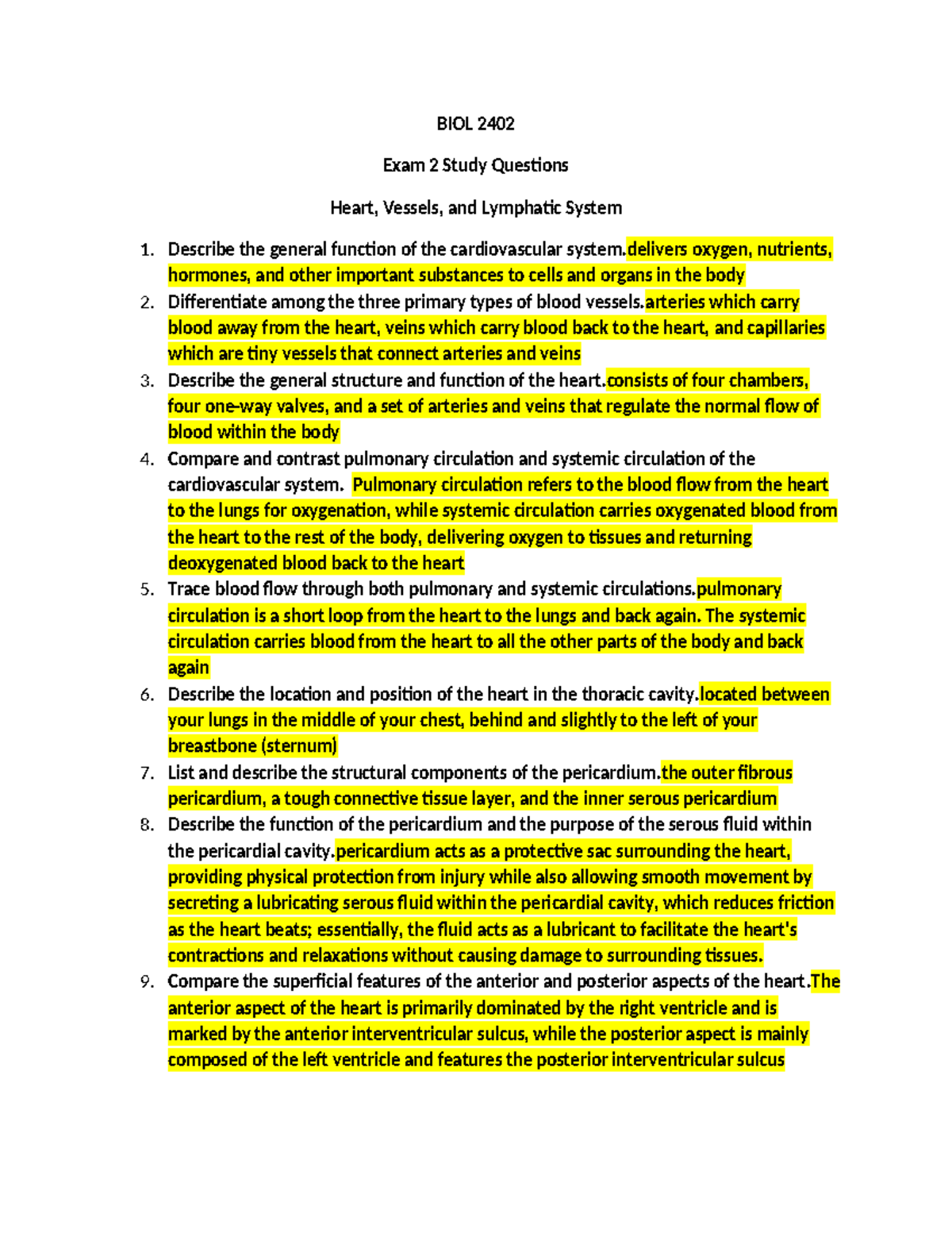 BIOL 2402 - Exam 2 Study Guide: Cardiovascular and Lymphatic System ...