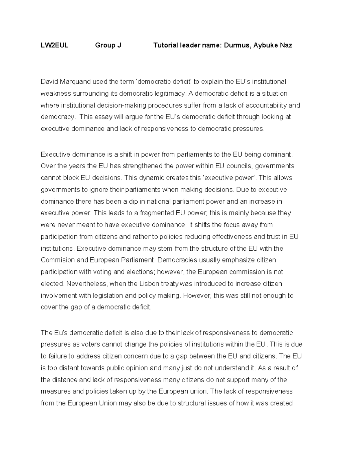 LW2EUL Group J Essay: Analyzing the Democratic Deficit in the EU - Studocu