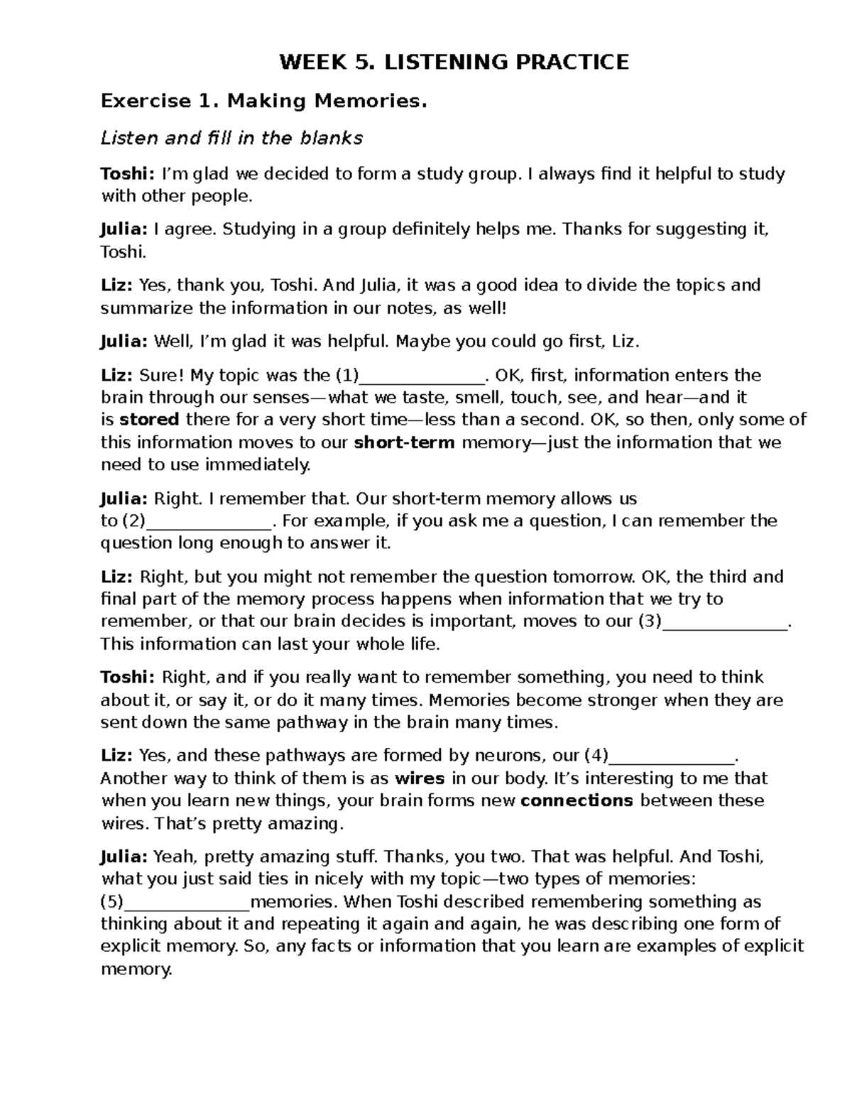 WEEK 5. Listening Practice: Memory and Exercise Insights - Studocu