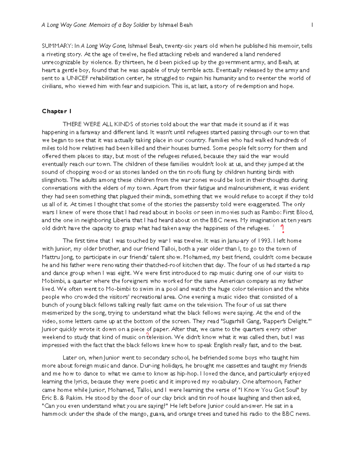 Chapter 1 summary of A Long Way Gone: Memoirs of a Boy Soldier - Studocu