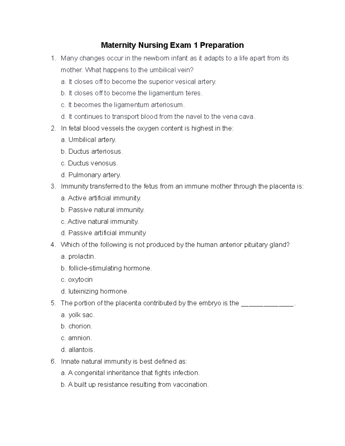 Maternity Nursing Exam 1 Preparation - Maternity Nursing Exam 1 ...