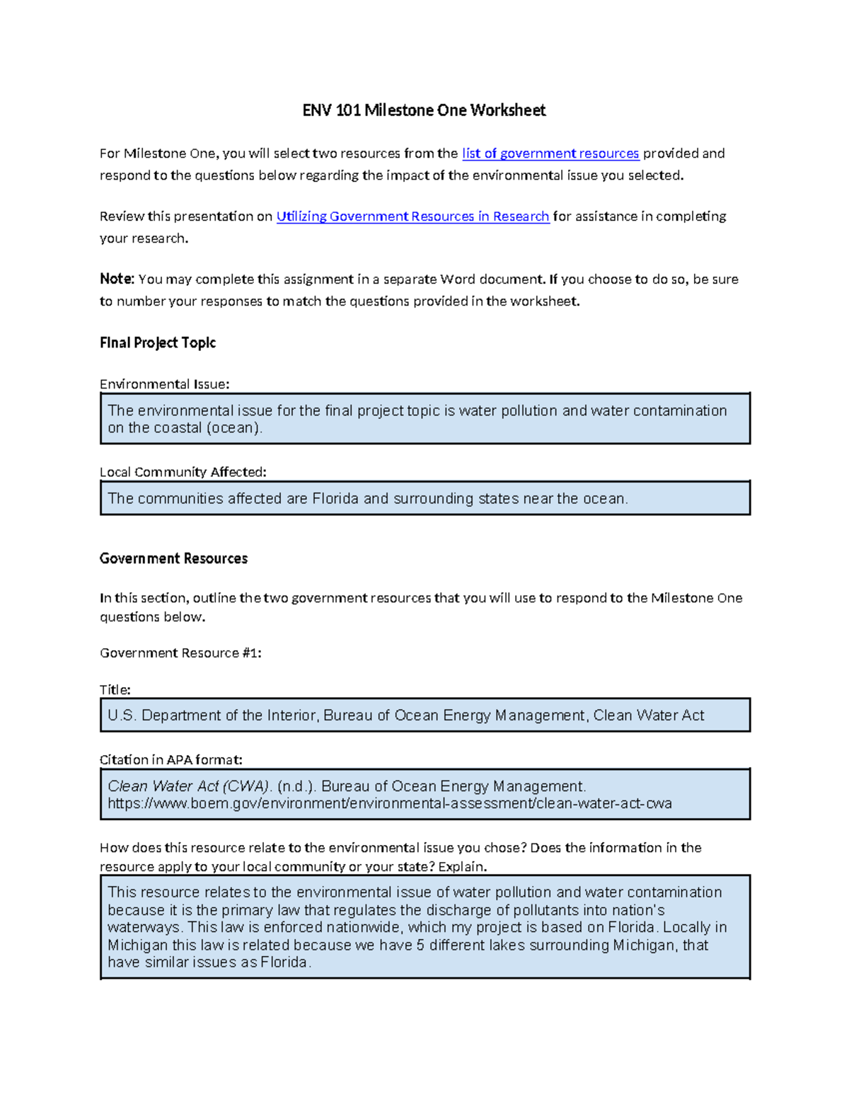 ENV 101 Milestone One Worksheet my version - ENV 101 Milestone One ...