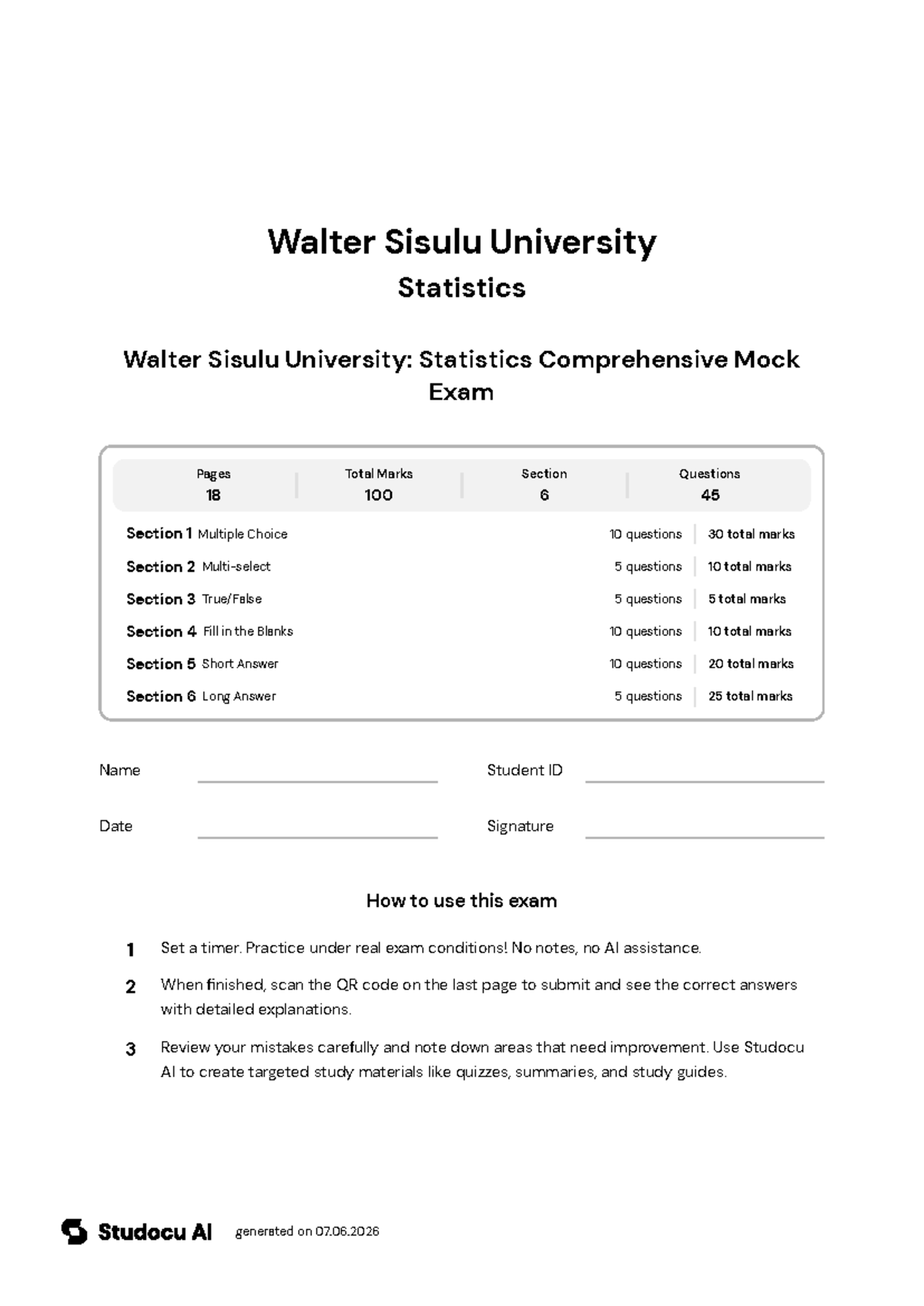 Statistics Comprehensive Mock Exam - Walter Sisulu University - Studocu
