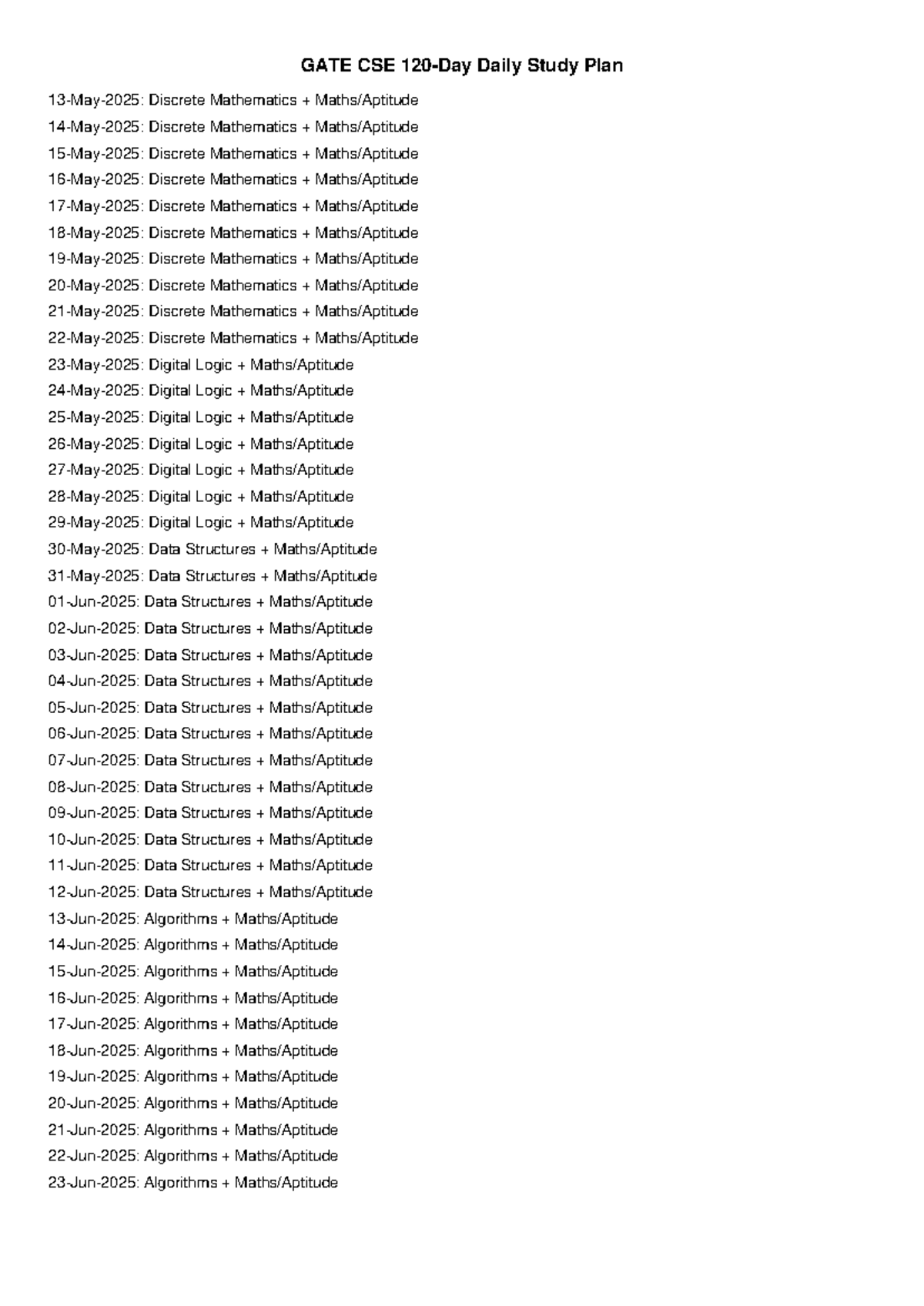 GATE CSE 120-Day Study Plan: Discrete Math, Logic, Data Structures ...