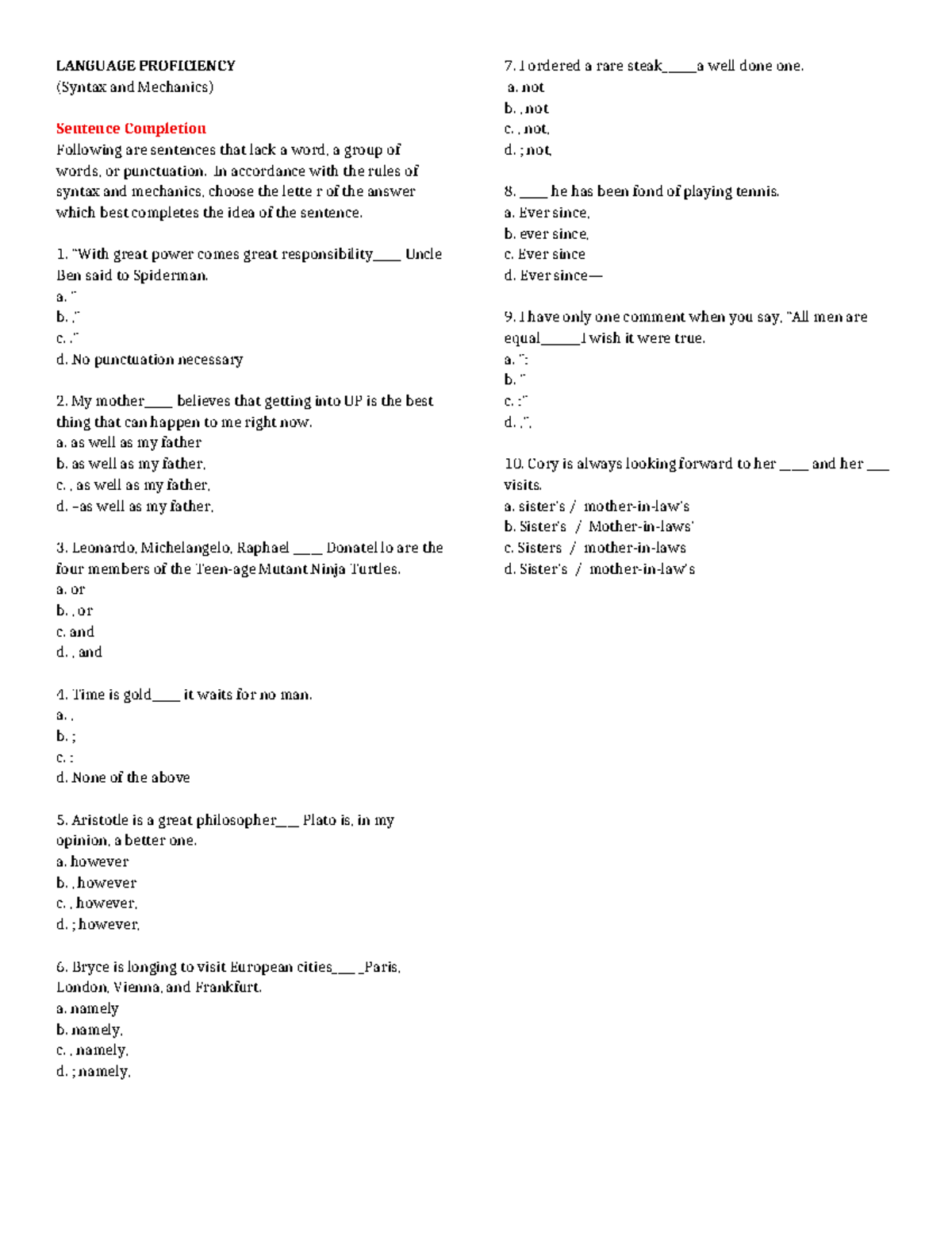 LANGUAGE PROFICIENCY (ENG-102) Syntax and Mechanics Sentence Completion ...