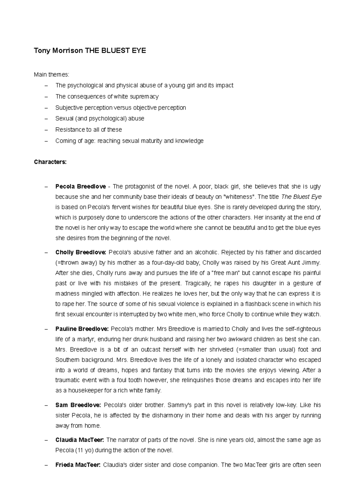 Tony Morrison's "The Bluest Eye" Themes & Character Analysis Summary ...
