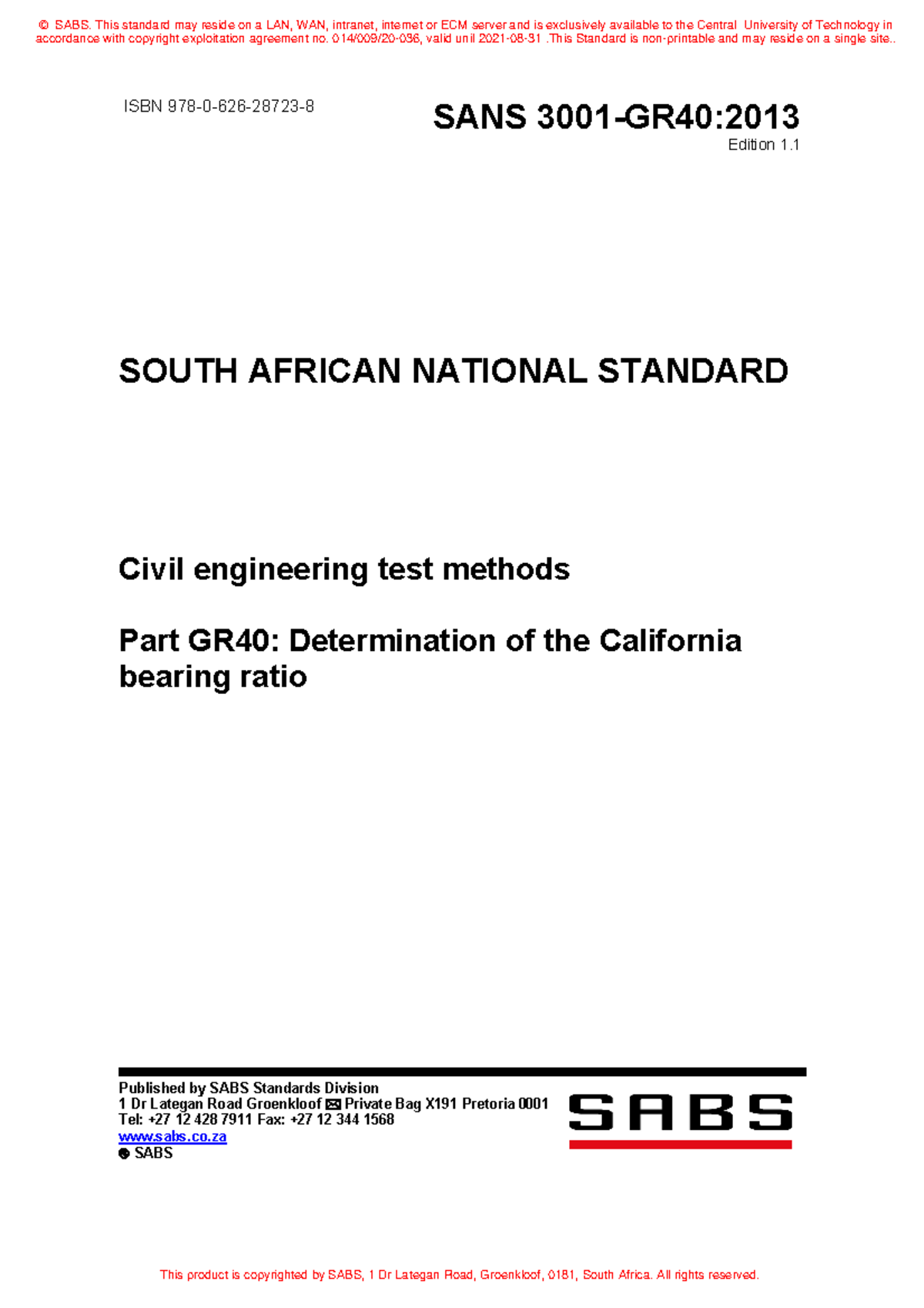 SANS3001-GR40: CBR Test Method for Civil Engineering Materials - Studocu