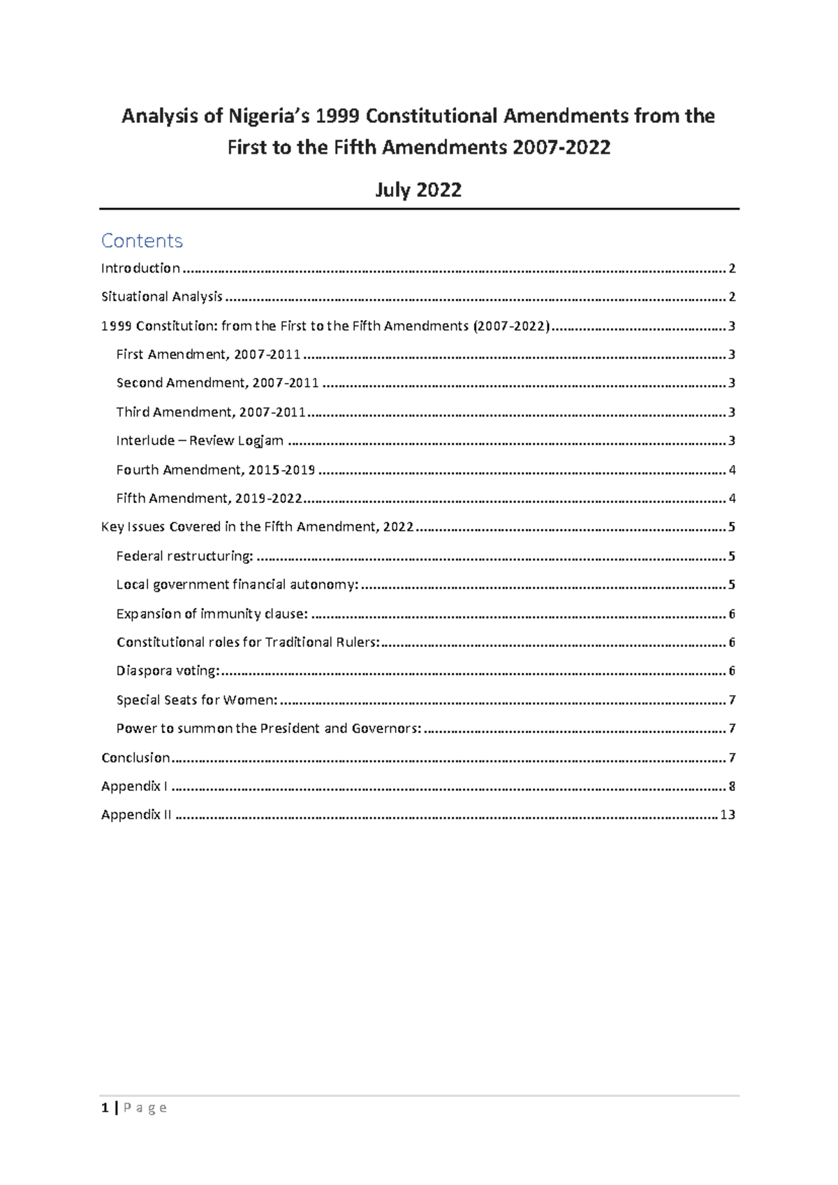 Analysis of Nigeria's 1999 Constitutional Amendments (1st-5th) 2007 ...