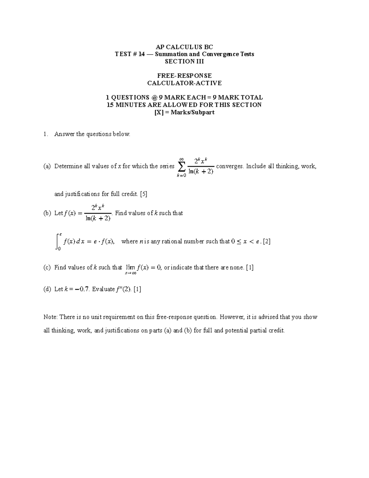 AP Calc BC Test 14 FRQ Section - AP CALCULUS BC TEST # 14 — Summation ...
