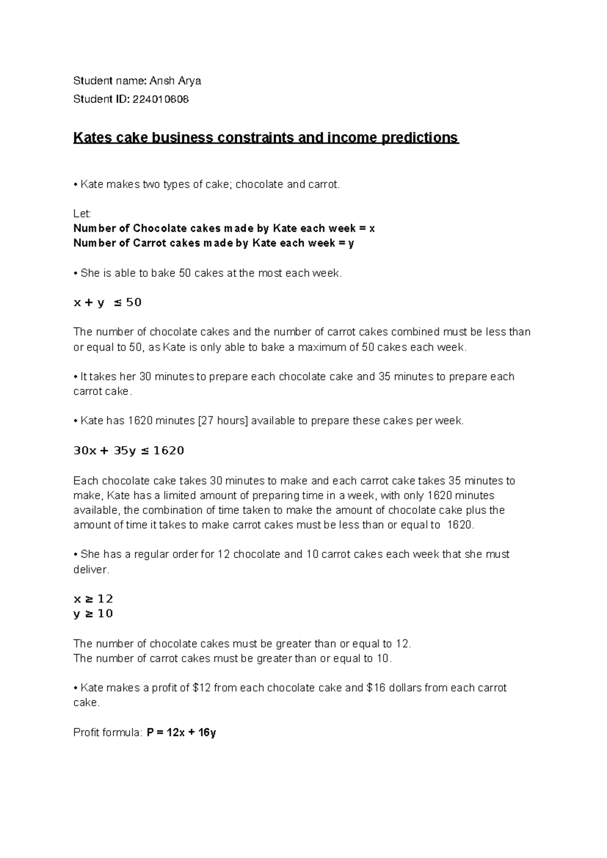 Te Kura Linear Programming Internal: Kate's Cake Business Analysis - Studocu