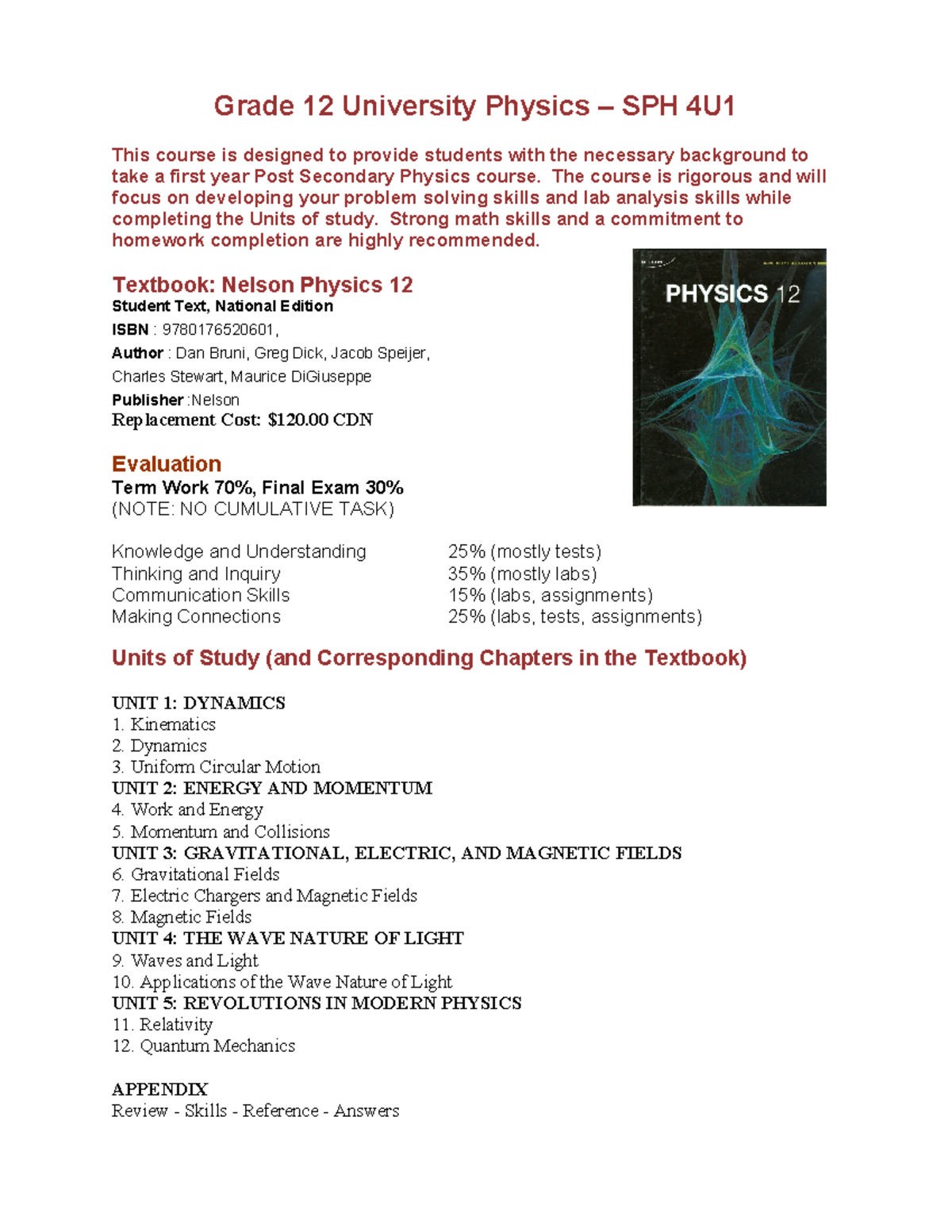 Grade 12 University Physics SPH 4U1 Course Overview and Evaluation ...