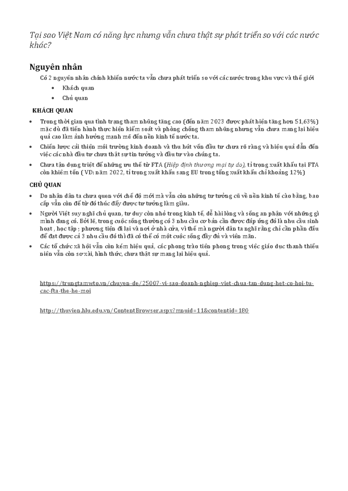 Nguyên nhân Việt Nam chưa phát triển so với các nước khác? - Studocu