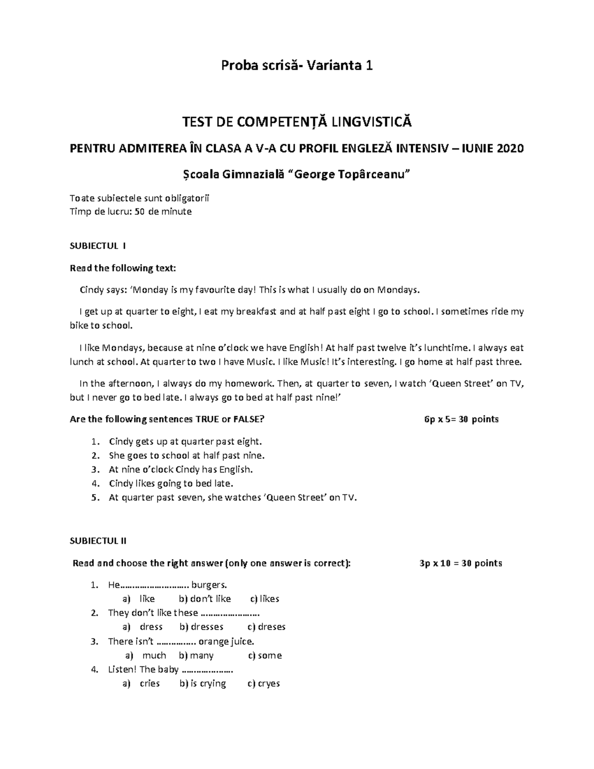 Subiecte Intensiv Engleză - Test de Competență Lingvistică Iunie 2020 ...