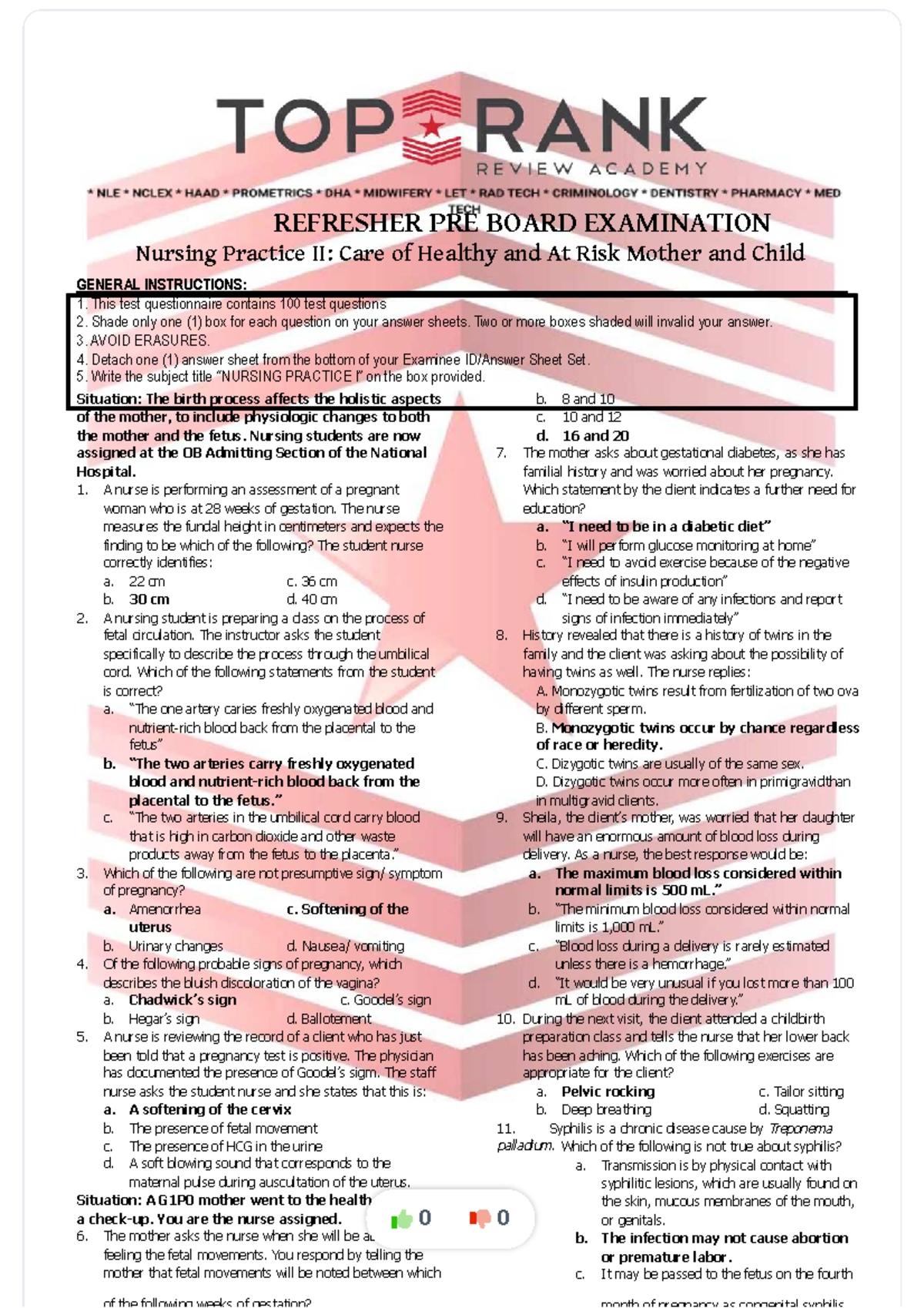 Refresher Pre-Board Exam for Nursing Practice II (NURS 204) with Answer Key - Studocu