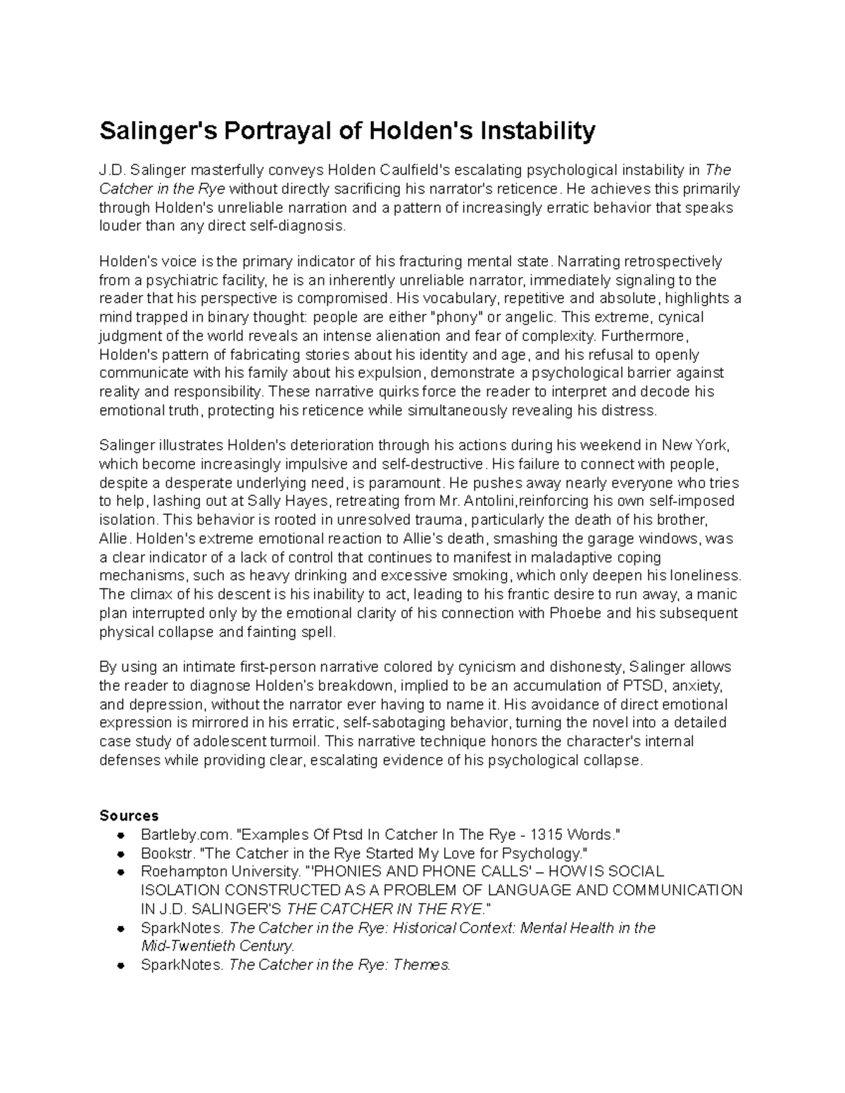 Essay - Psychological Instability in J.D. Salinger's The Catcher in the ...