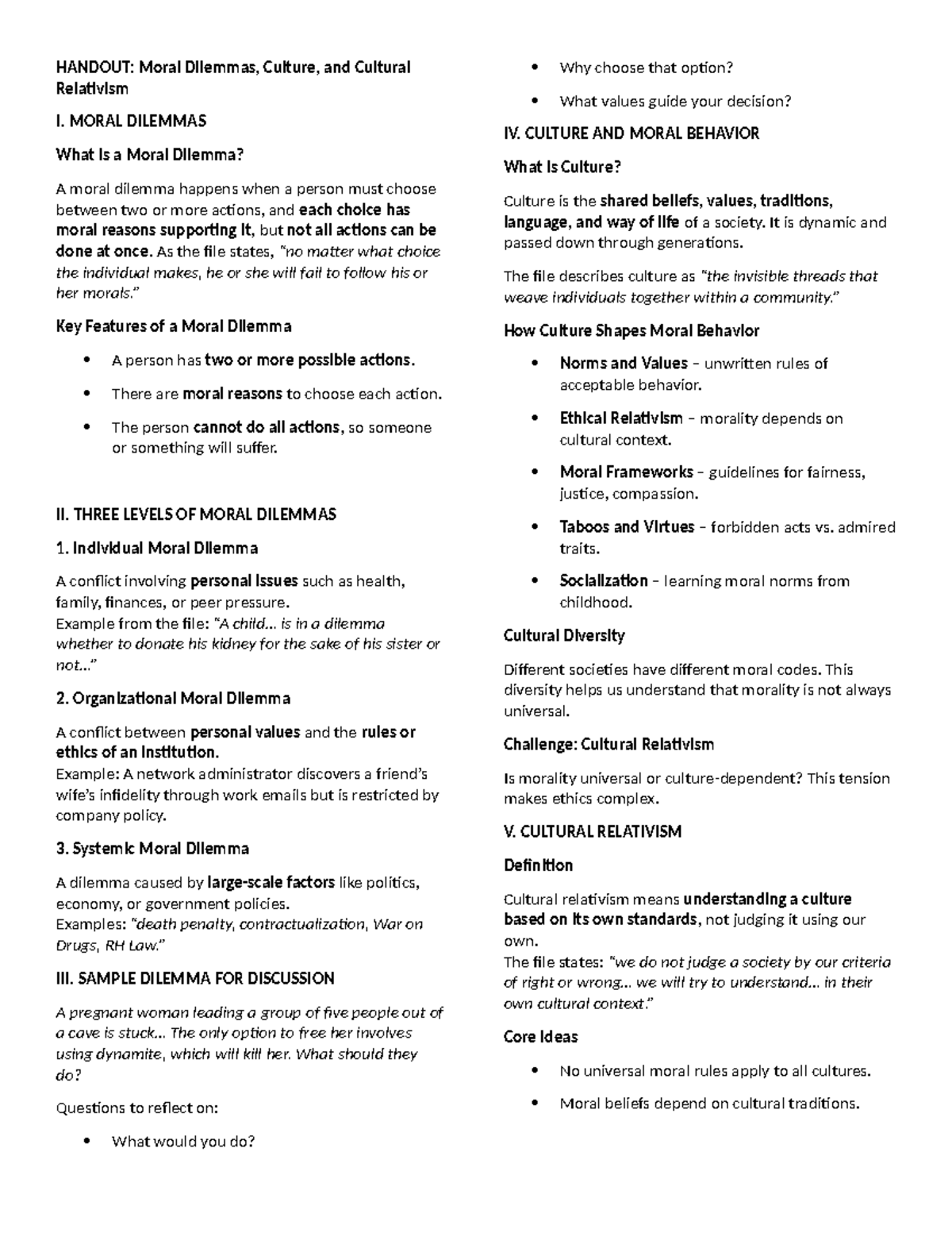 MORAL DILEMMAS & CULTURAL RELATIVISM HANDOUT: Key Concepts & Examples ...