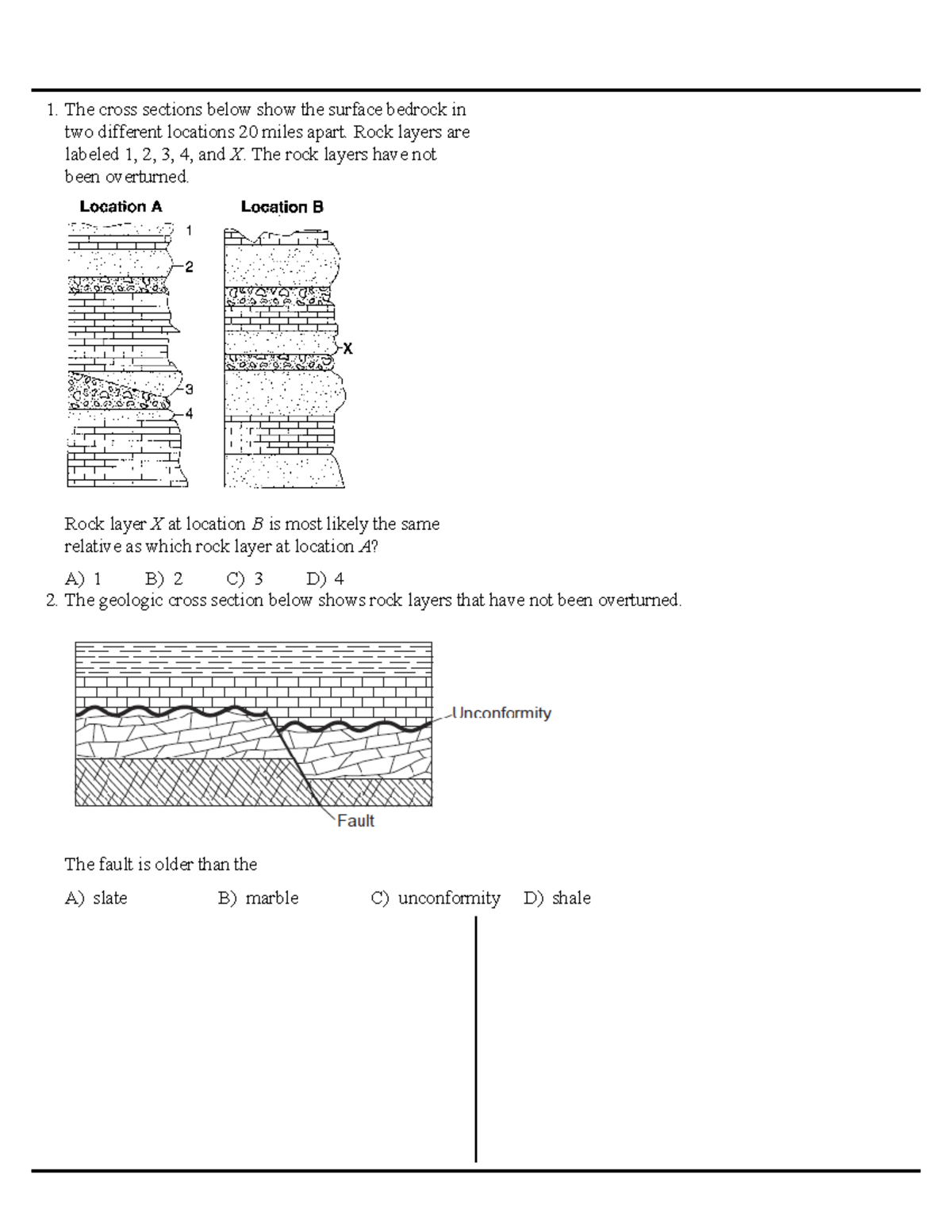 Correlation Index Fossils and Unconformities (Questions) - A) 1 B) 2 C ...