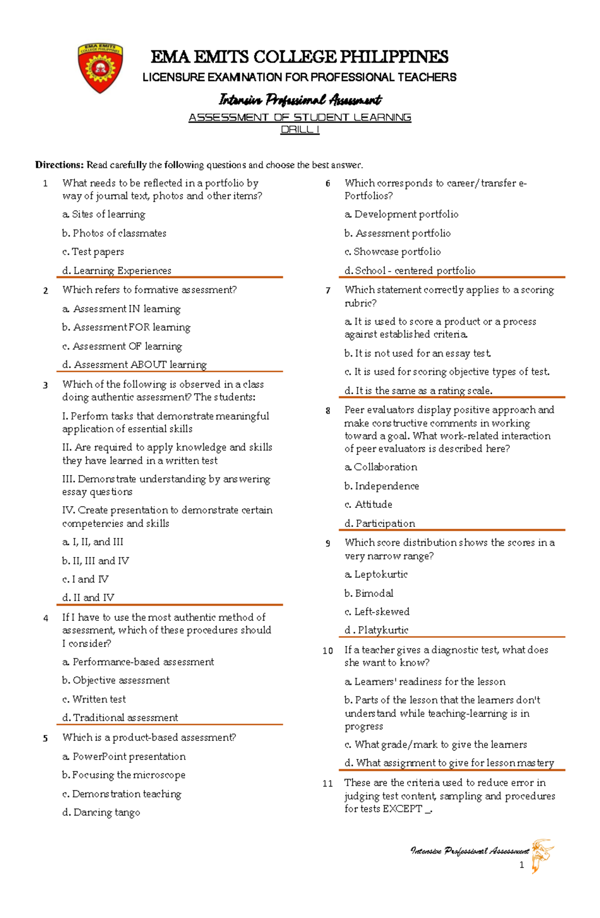 Intensive Professional Assessment-PED-D for Licensure Exam Preparation - Studocu