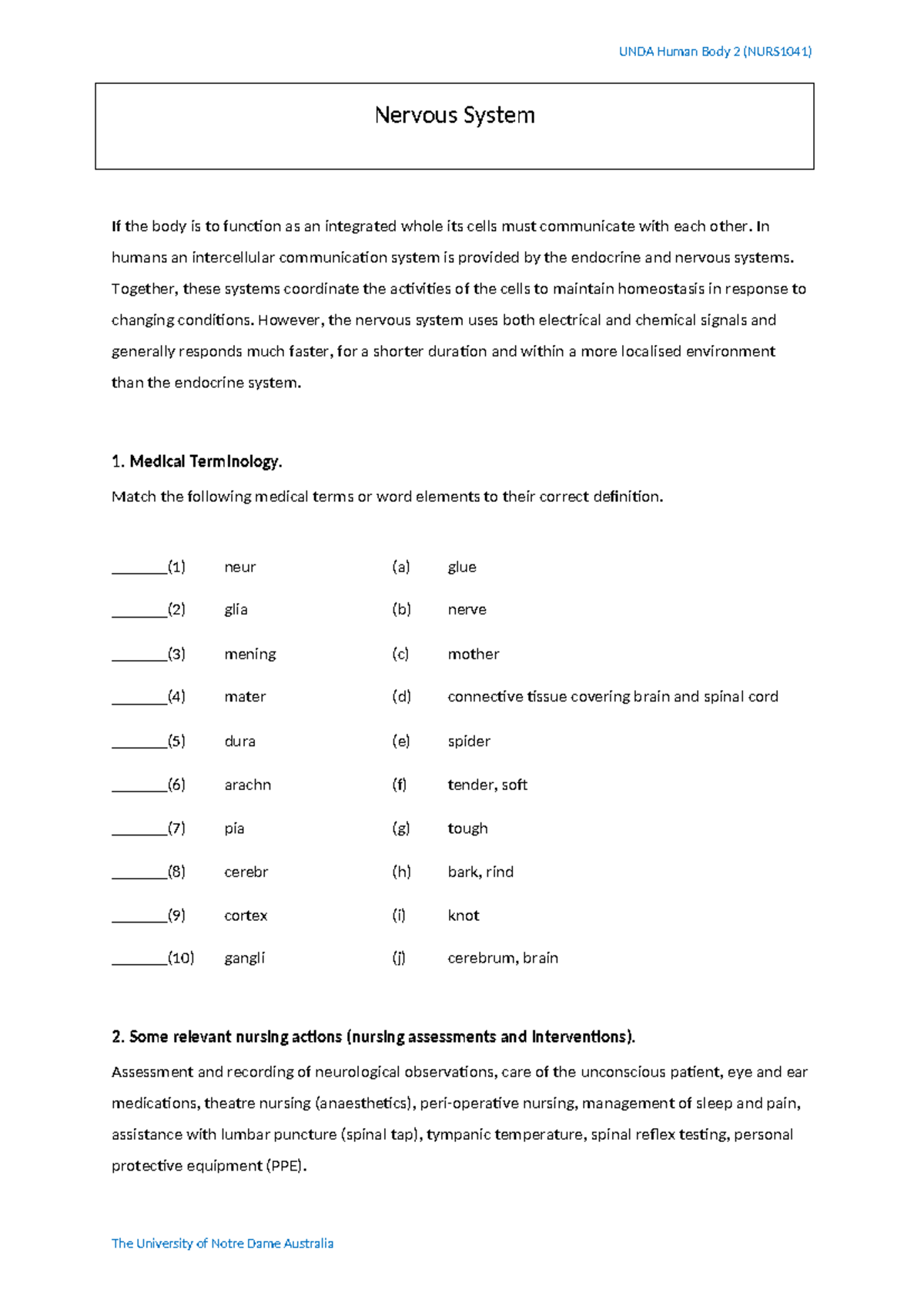 Nervous System Tutorial (NURS1041) - UNDA Human Body 2 Study Guide ...