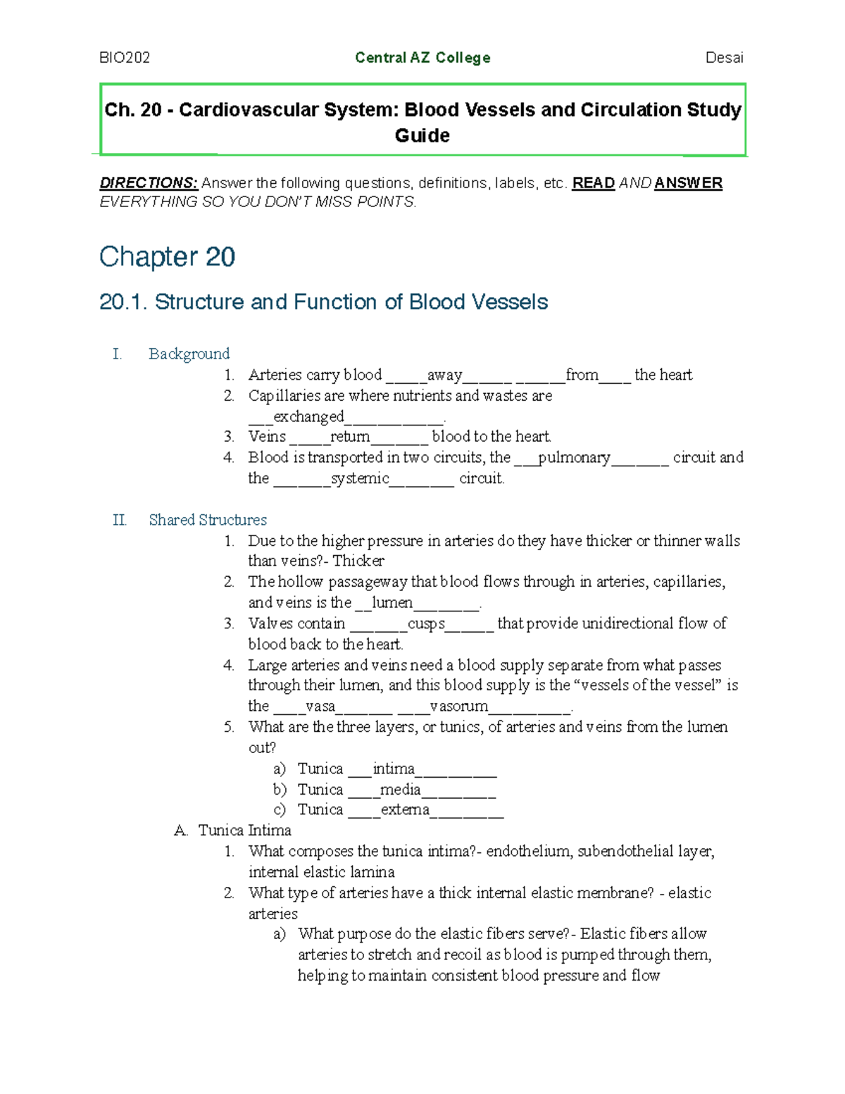 BIO202-Ch. 20 Study Guide - Cardiovascular System: Blood Vessels ...