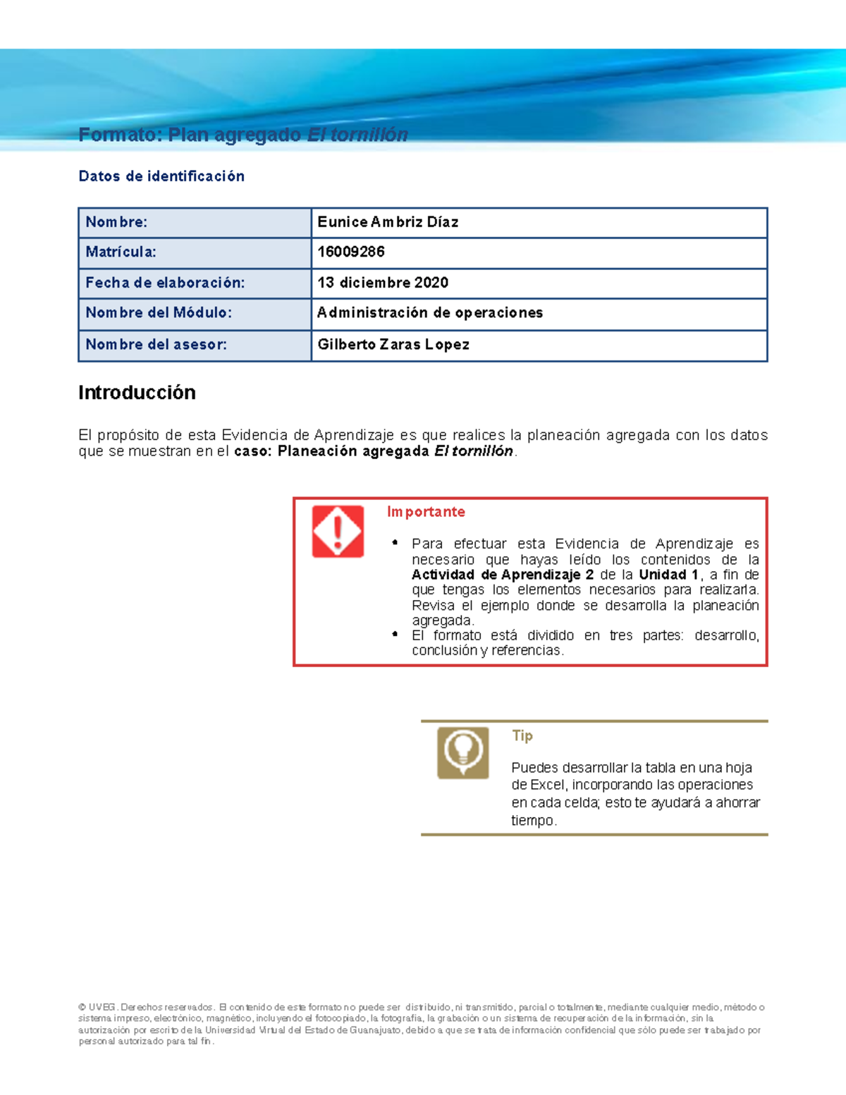 actividad_3_EA3 - Formato: Plan agregado El tornillón Datos de ...