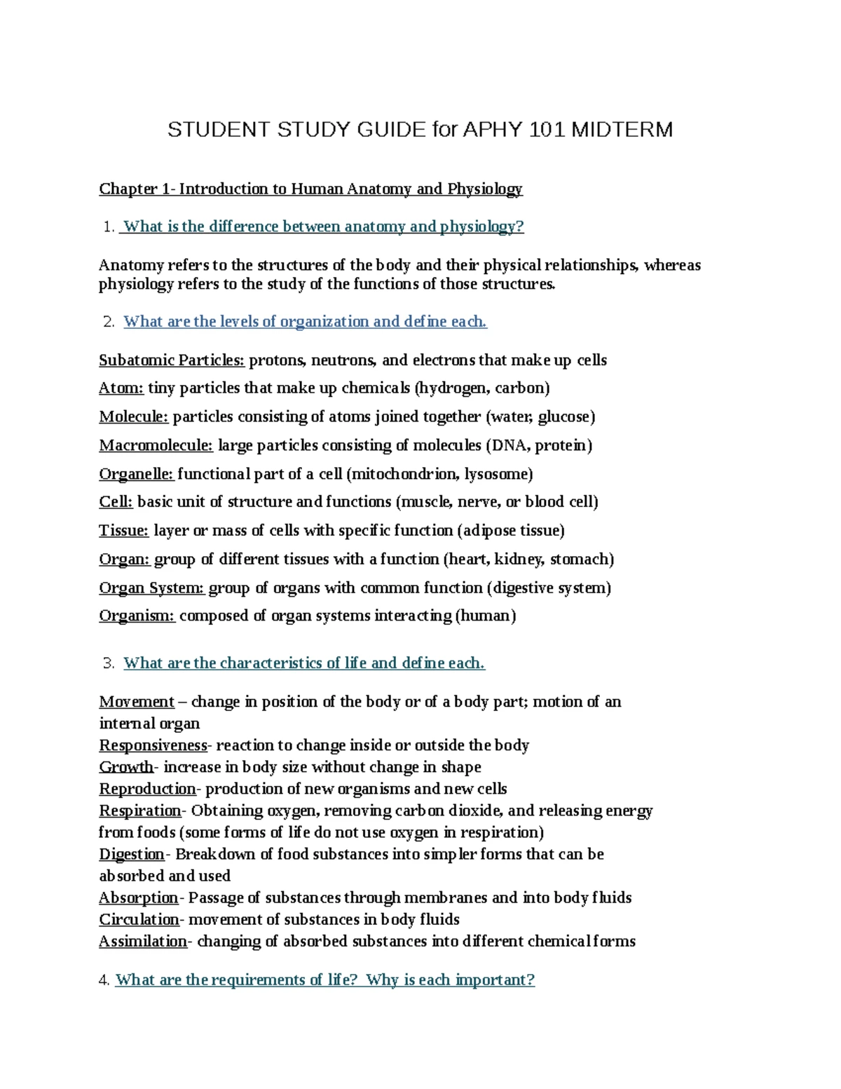 Comprehensive Study Guide for Anatomy & Physiology (BIO101) - Studocu