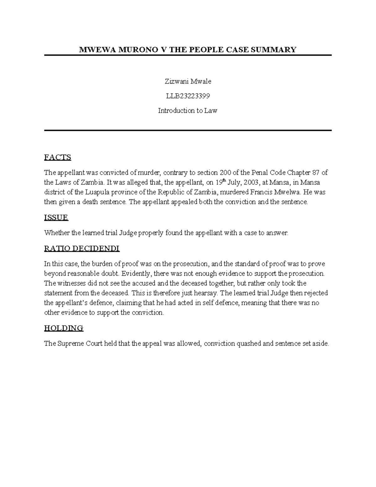 Mwewa Murono V The People: Case Summary & Legal Analysis - Studocu