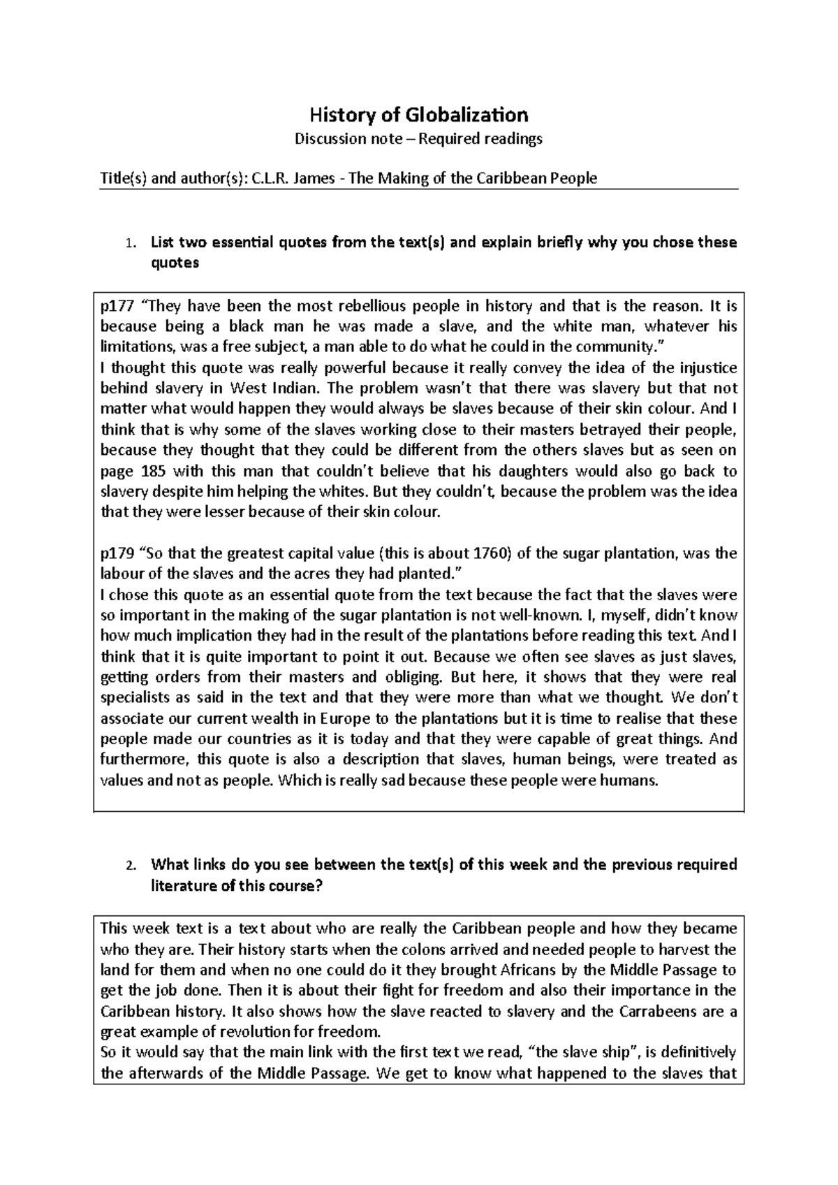 Discussion Note: C.L.R. James' The Making of the Caribbean People - Studocu