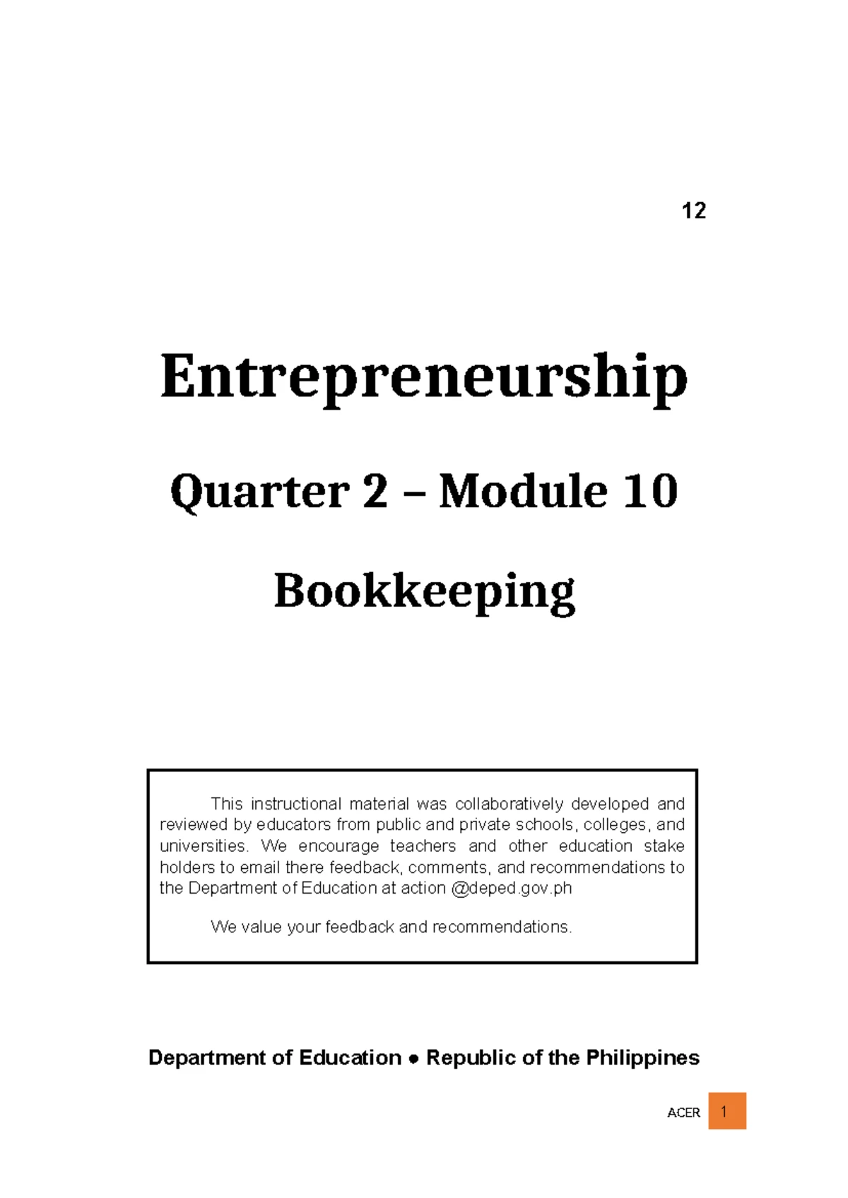 Grade 12 Entrepreneurship - Quarter 2 - Module 10 - Bookkeping - ACER 1 ...