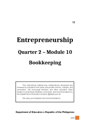 Grade 12 Entrepreneurship - Quarter 2 - Module 10 - Bookkeping - ACER 1 ...