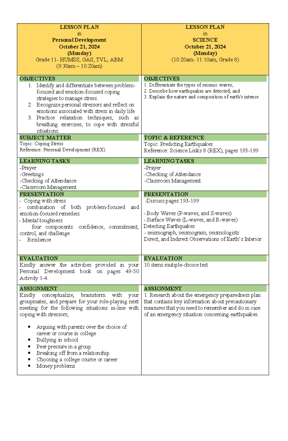 LESSON PLAN in Personal Development & Science (Grade 8 & 11) - Studocu