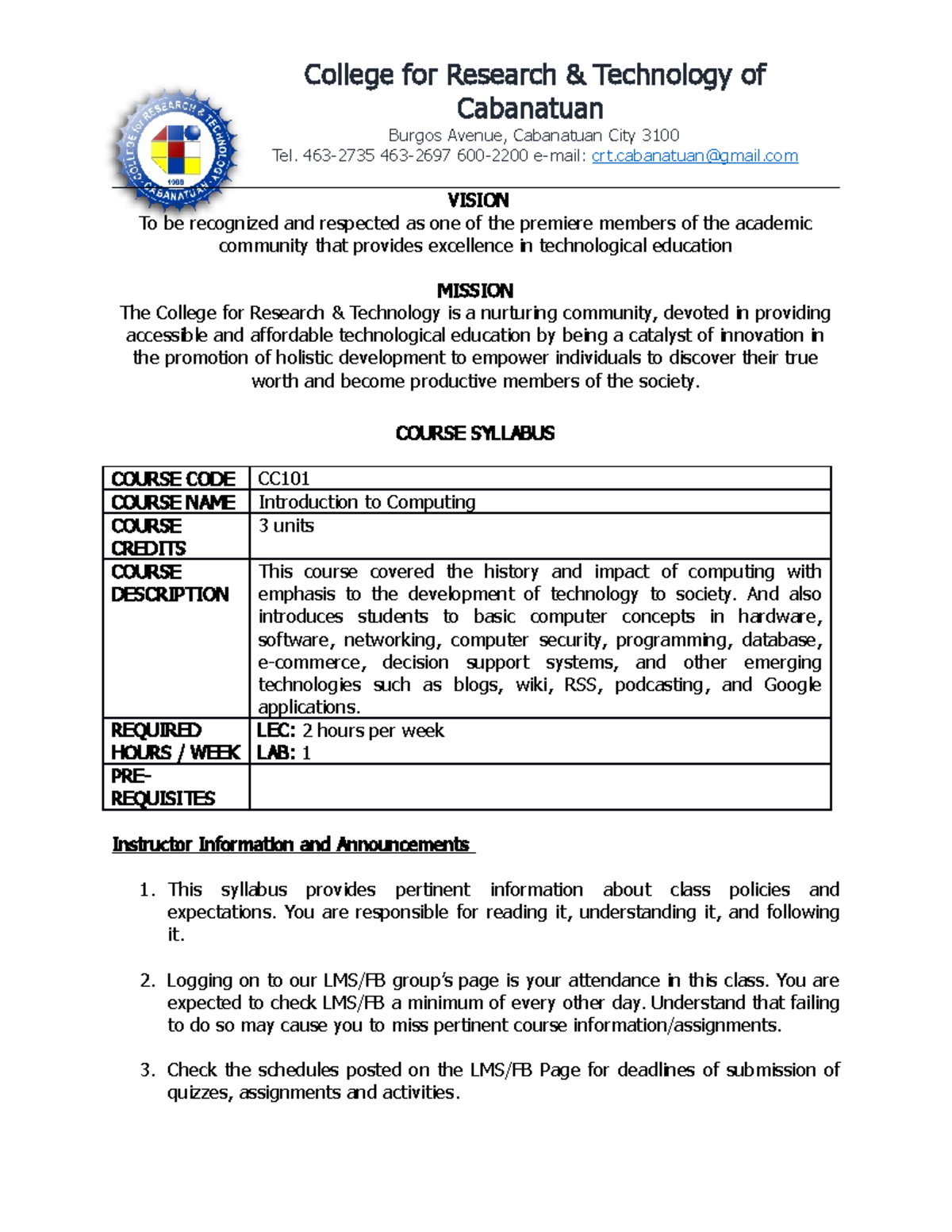 CC101 Introduction to Computing - Course Syllabus and Guidelines - Studocu