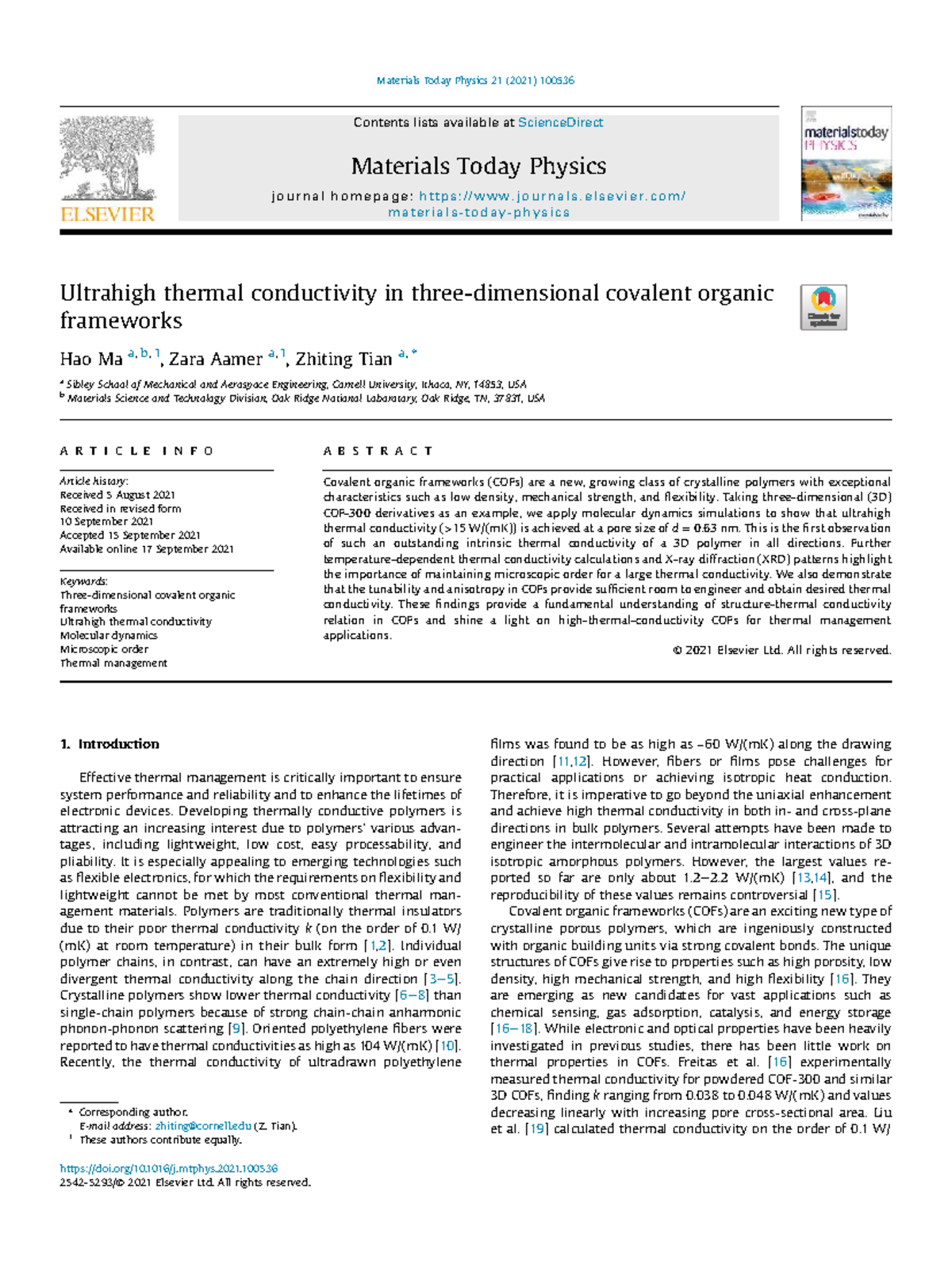 Ultrahigh Thermal Conductivity in Covalent Organic Frameworks (MTP 21 ...