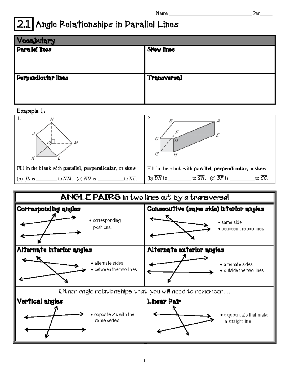 Transversal worksheet 3b - Name ________________________________ Per ...