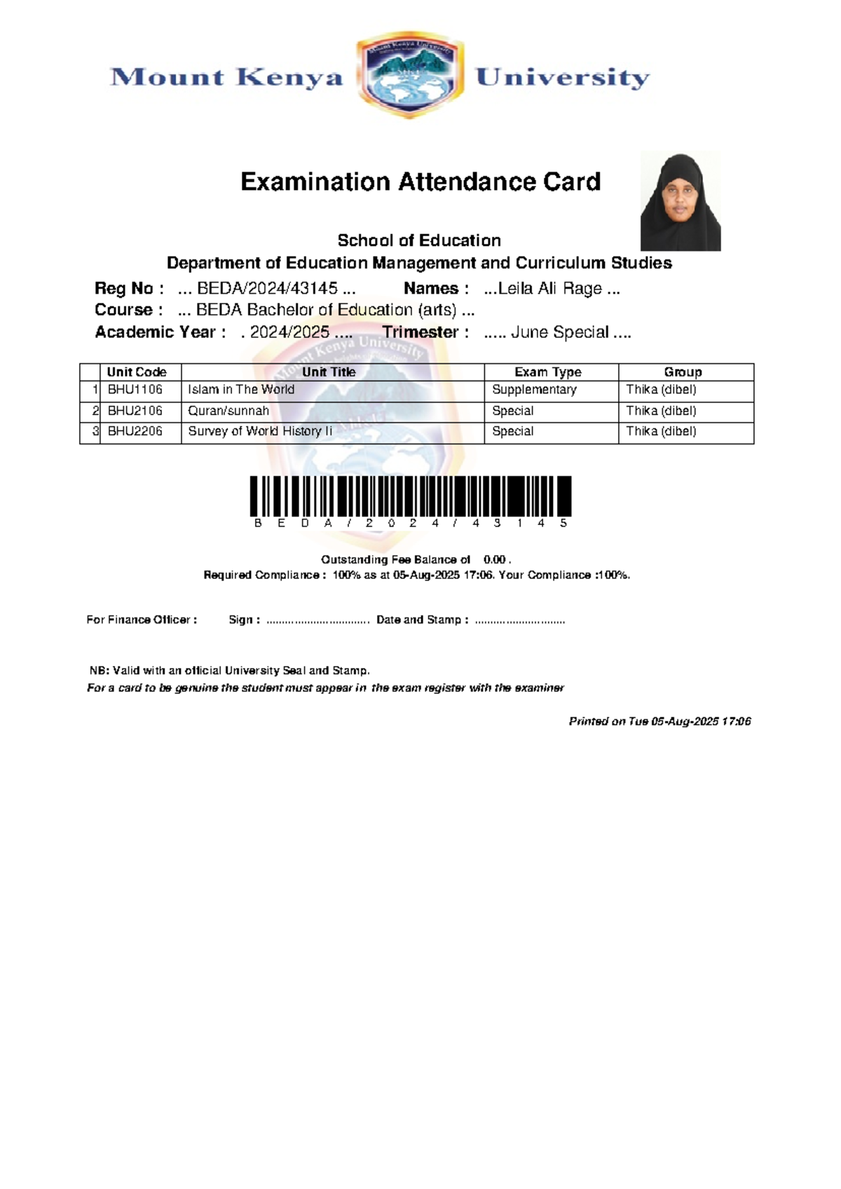 Exam Attendance Card for BEDA 2024 - Supplementary Exams - Studocu