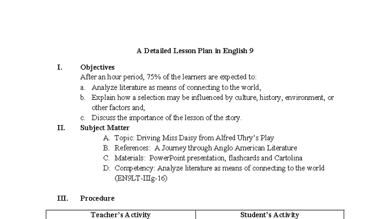 Lesson Plan: Driving Miss Daisy - English 9 - Studocu