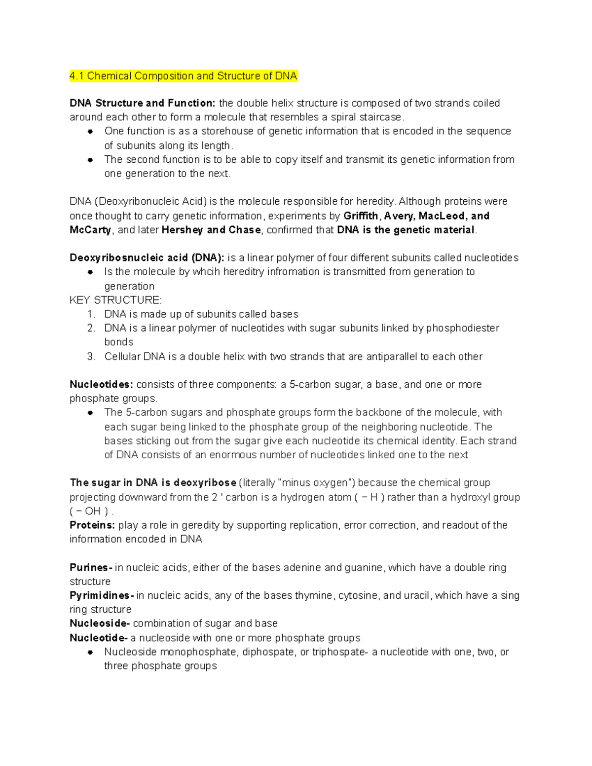 Biology 151 Final Exam Notes: DNA Structure, Function & Replication ...