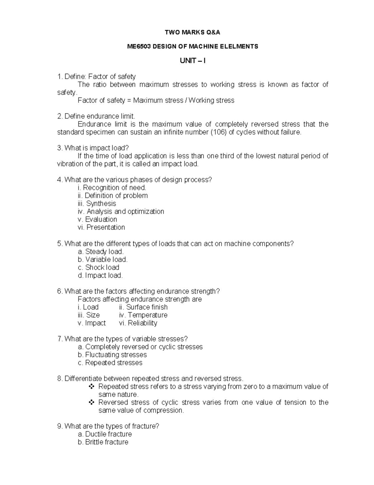 DME 2 Marks QA - arbAhrtgr - TWO MARKS Q&A ME6503 DESIGN OF MACHINE ELELMENTS UNIT – I Define ...