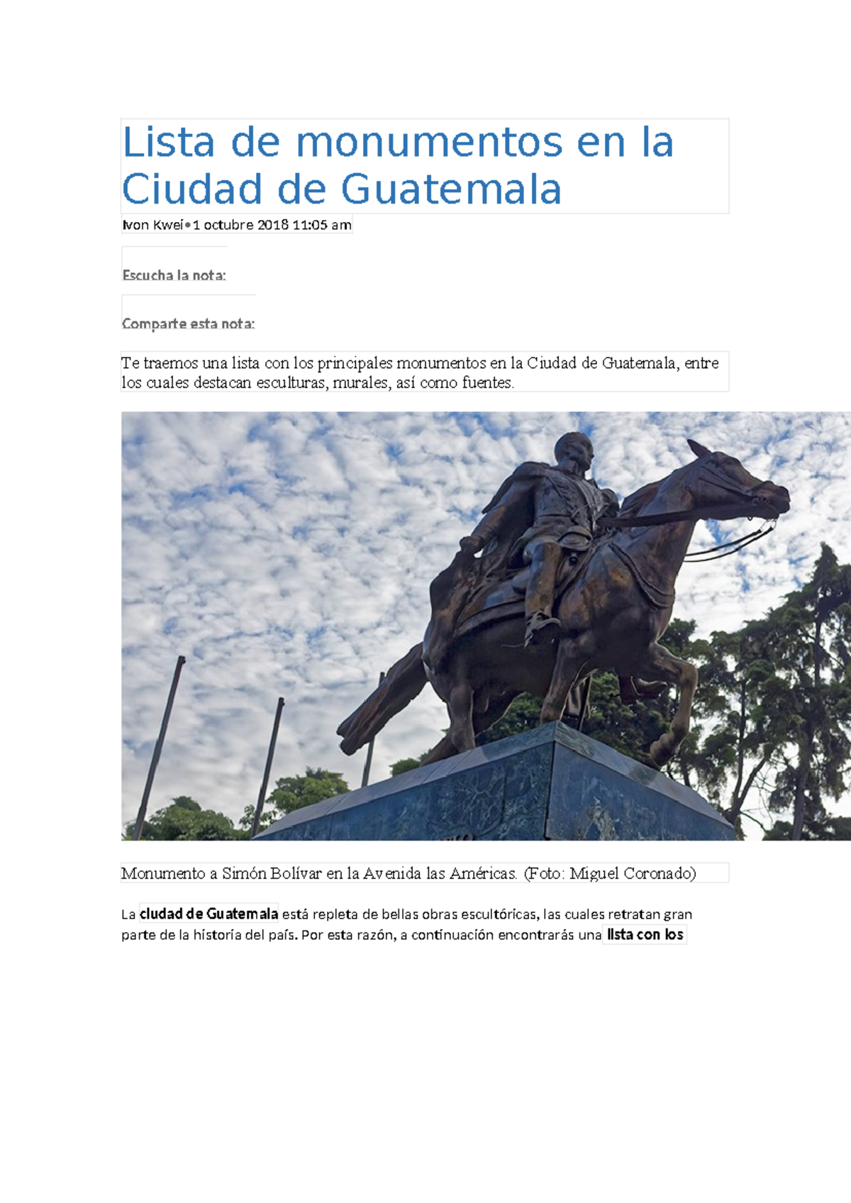 Lista de Monumentos en la Ciudad de Guatemala - 2018 - Studocu