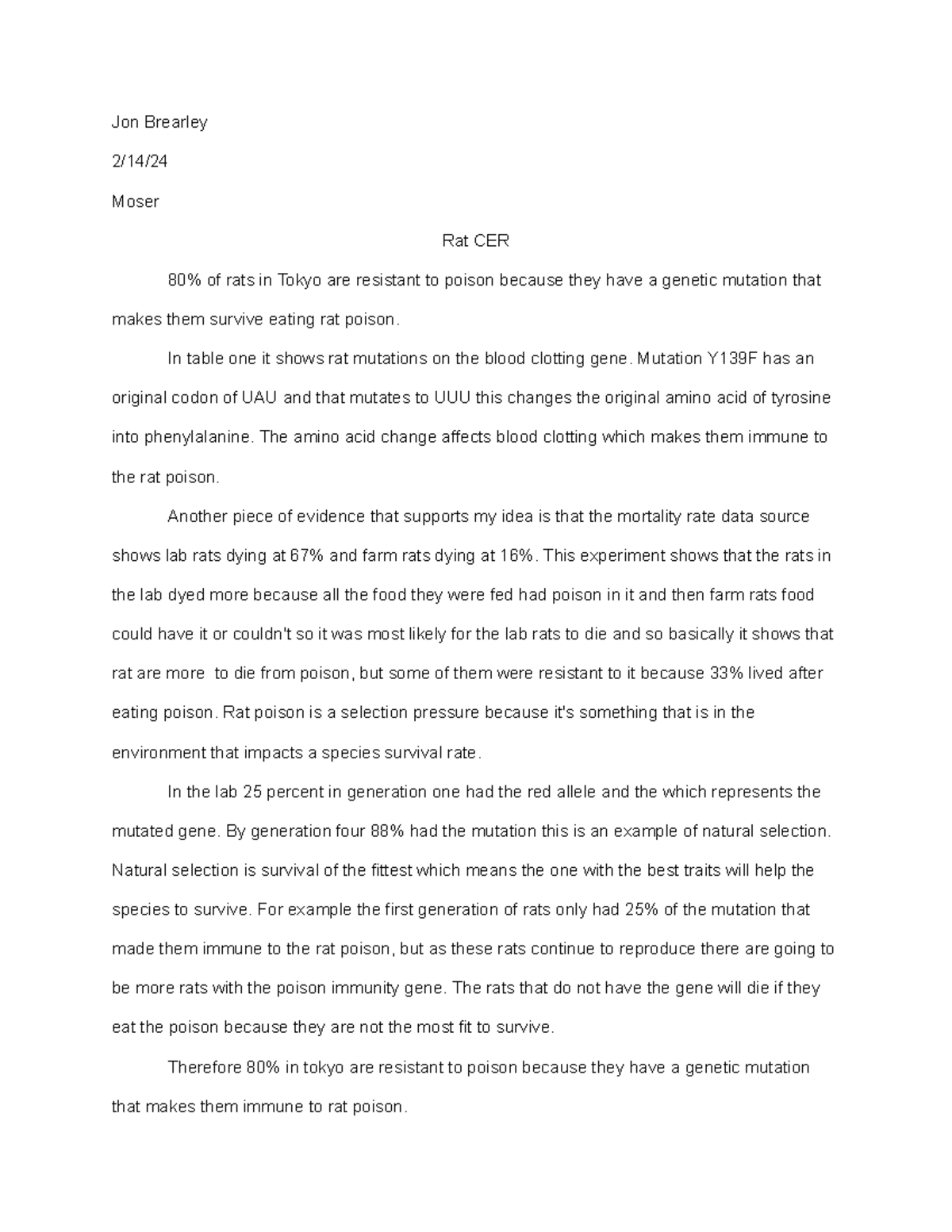 Biology CER: Genetic Mutation in Tokyo Rats and Poison Resistance - Studocu