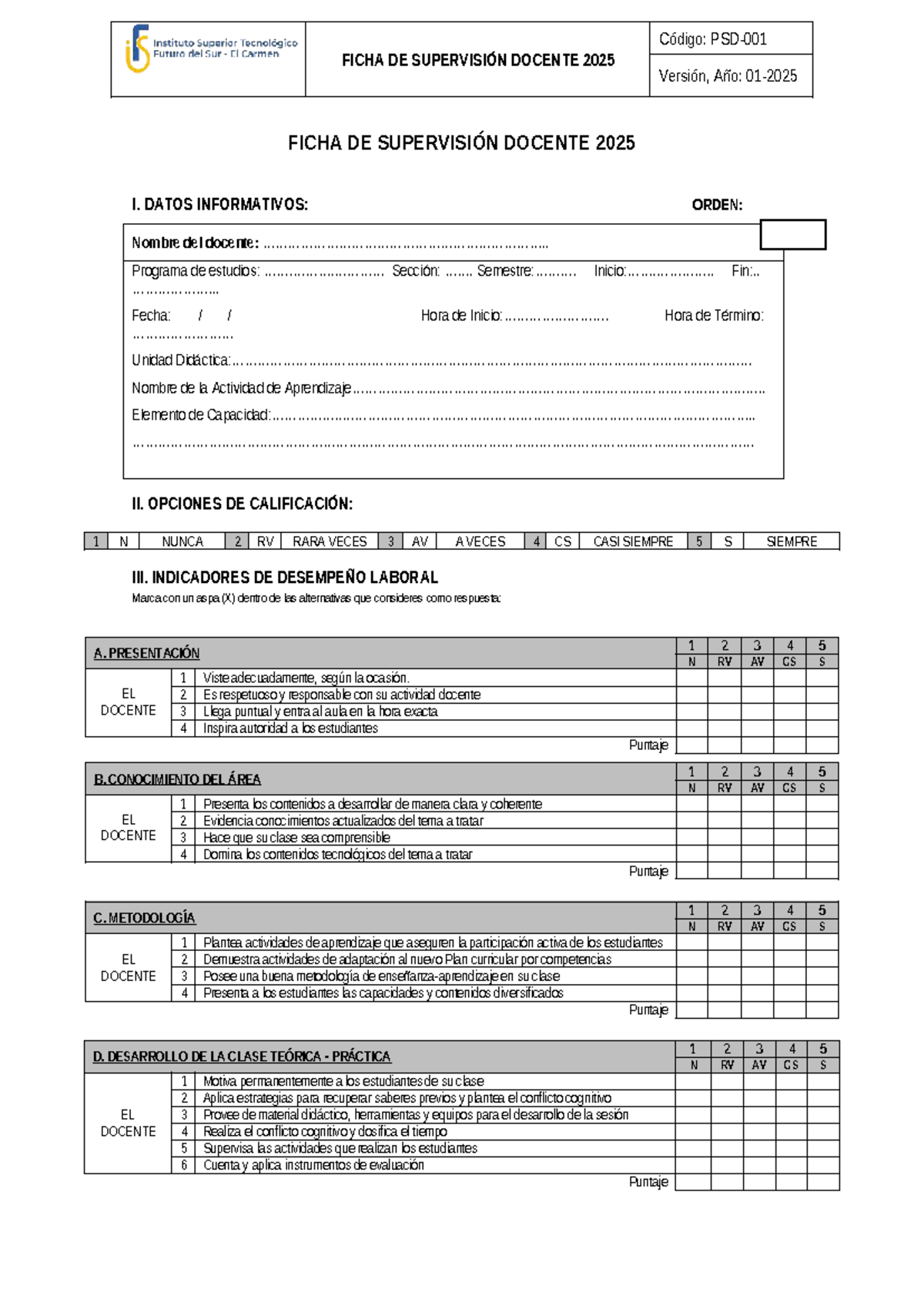 Ficha de Supervisión Docente 2025: Evaluación y Metodología - Studocu