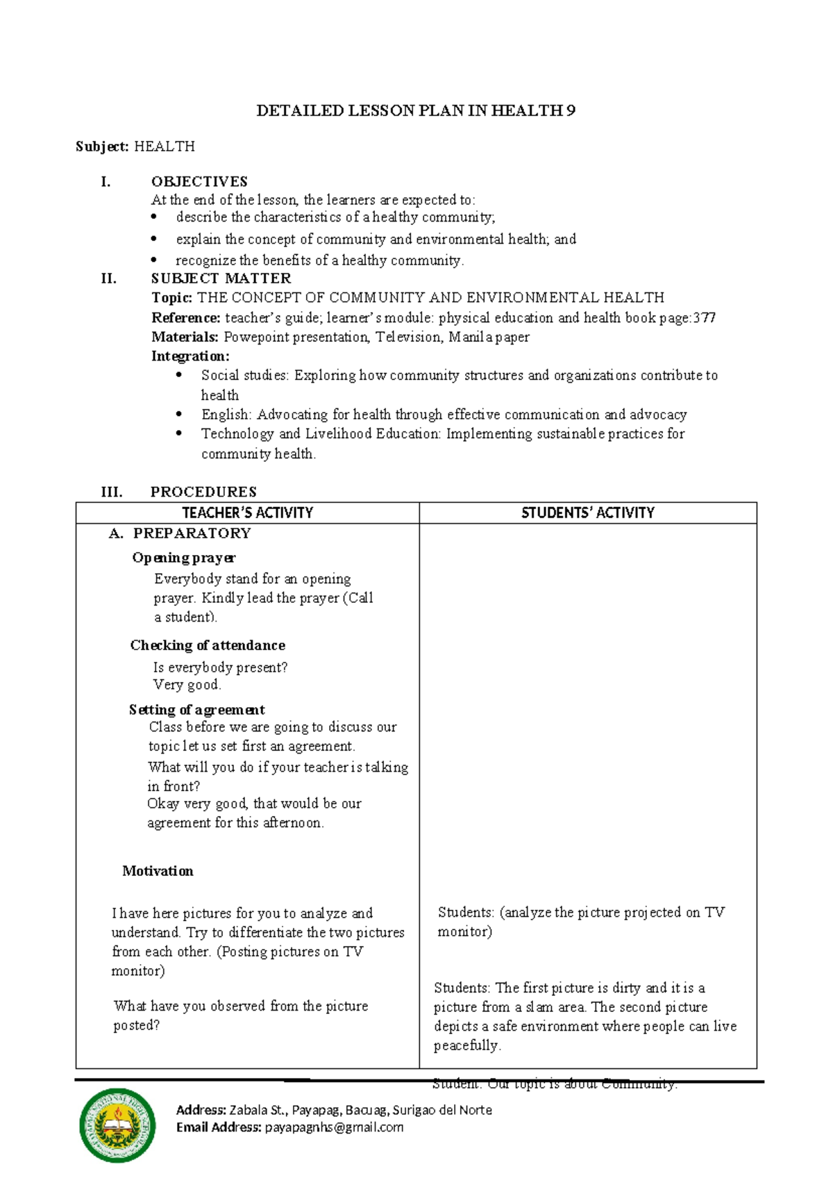 CO1 Health 9Q1 - Detailed Lesson Plan on Community & Environmental ...