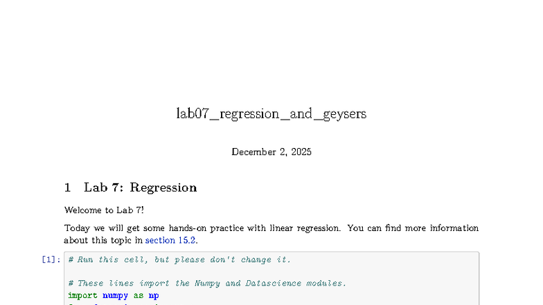 Lab 07: Regression Analysis of Geyser Eruptions - Studocu