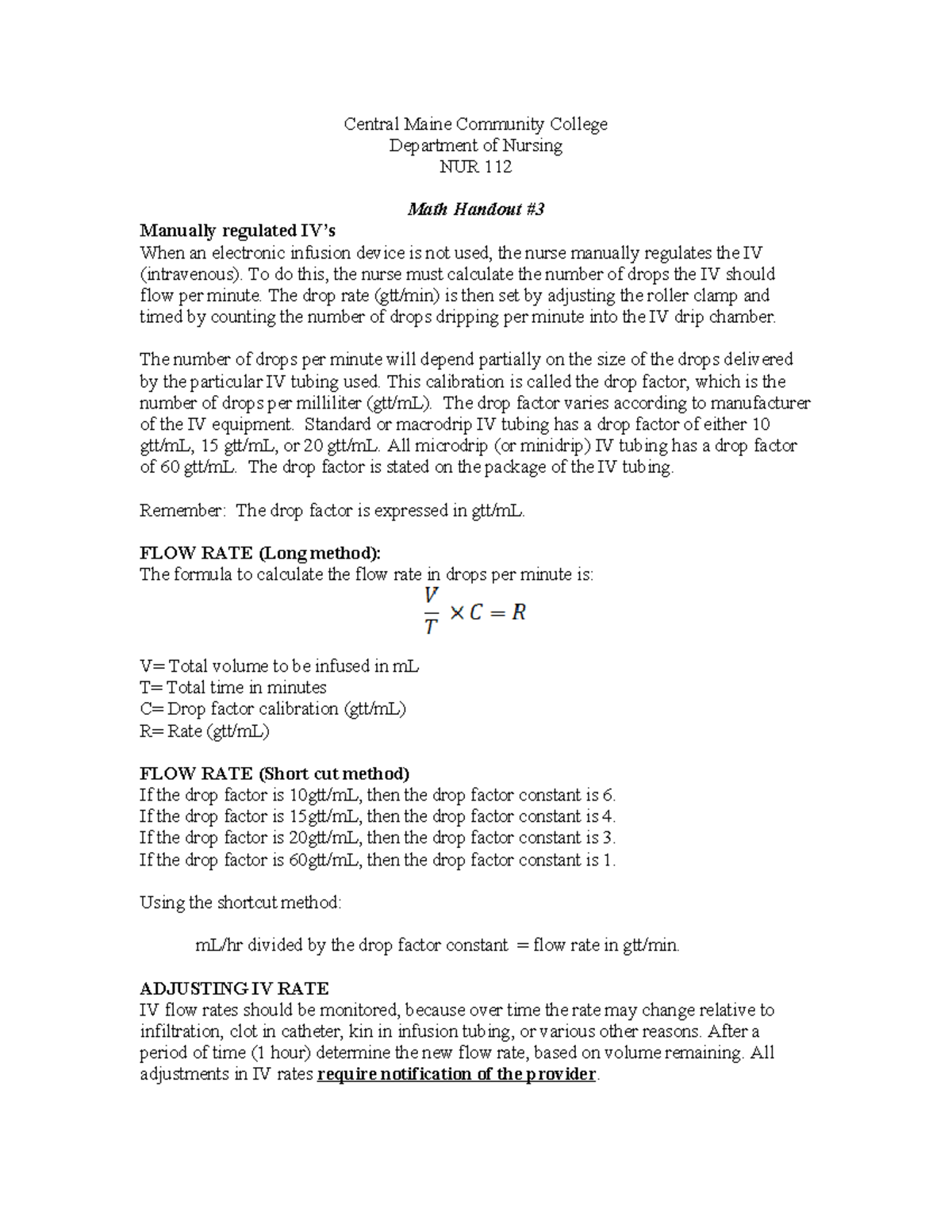 NUR 112 IV Flow Rate Calculation Handout - Studocu