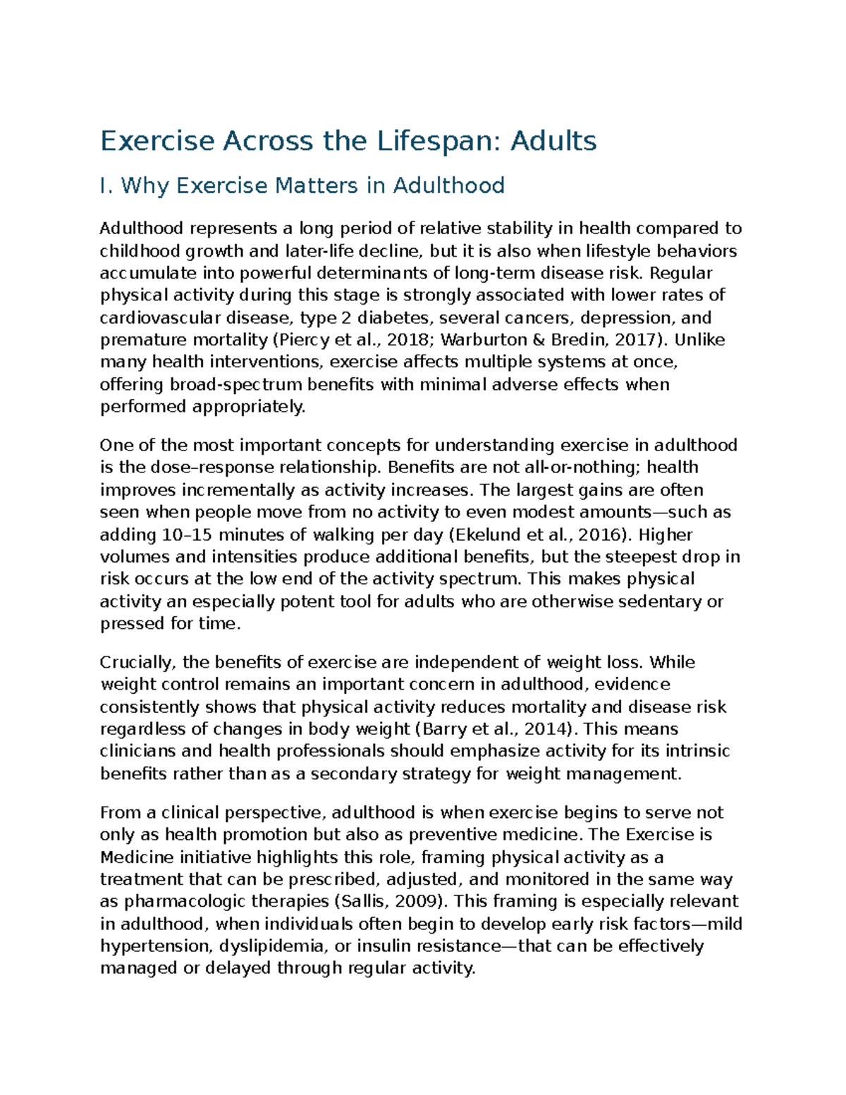 Exercise in Adulthood: Impacts, Guidelines, and Health Strategies - Studocu